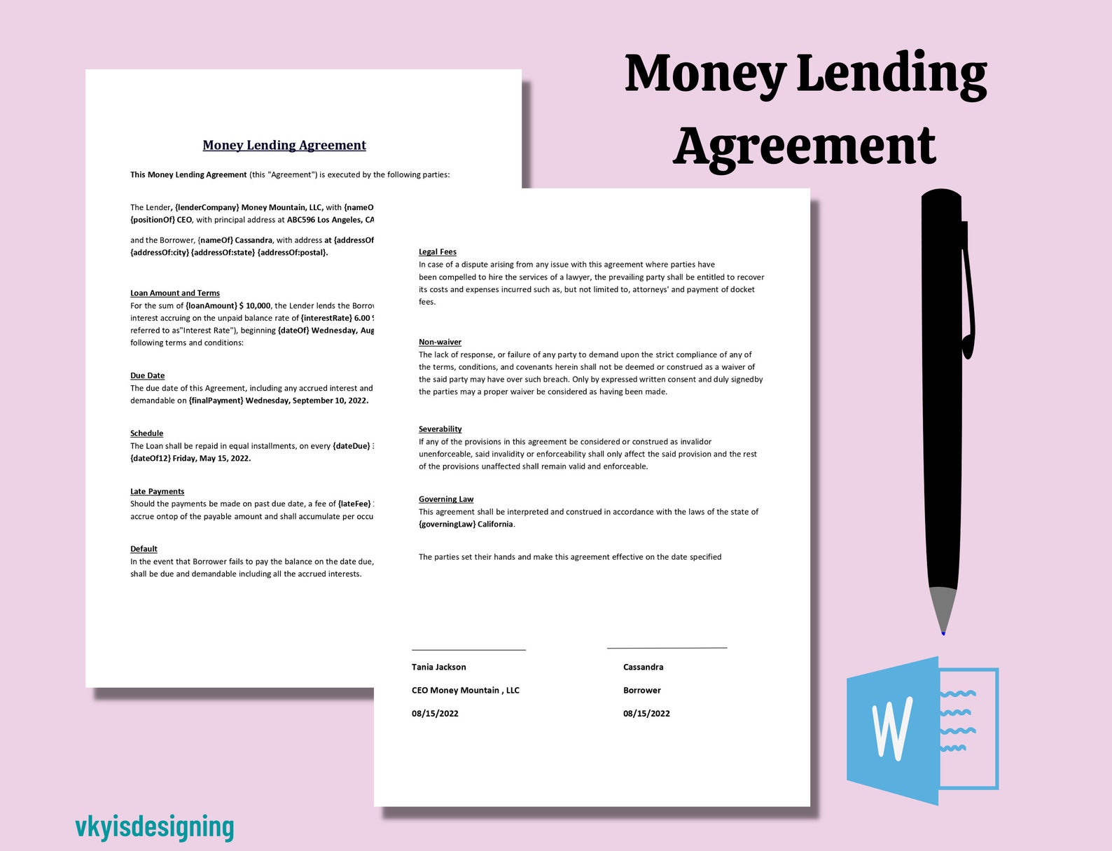 Money Lending Agreement Template: Loan Contract (editable in WORD) - Etsy