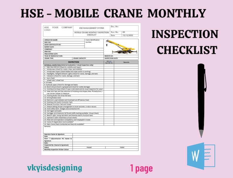 Mobile Crane Monthly Inspection Checklist, Health Safety, Machine ...