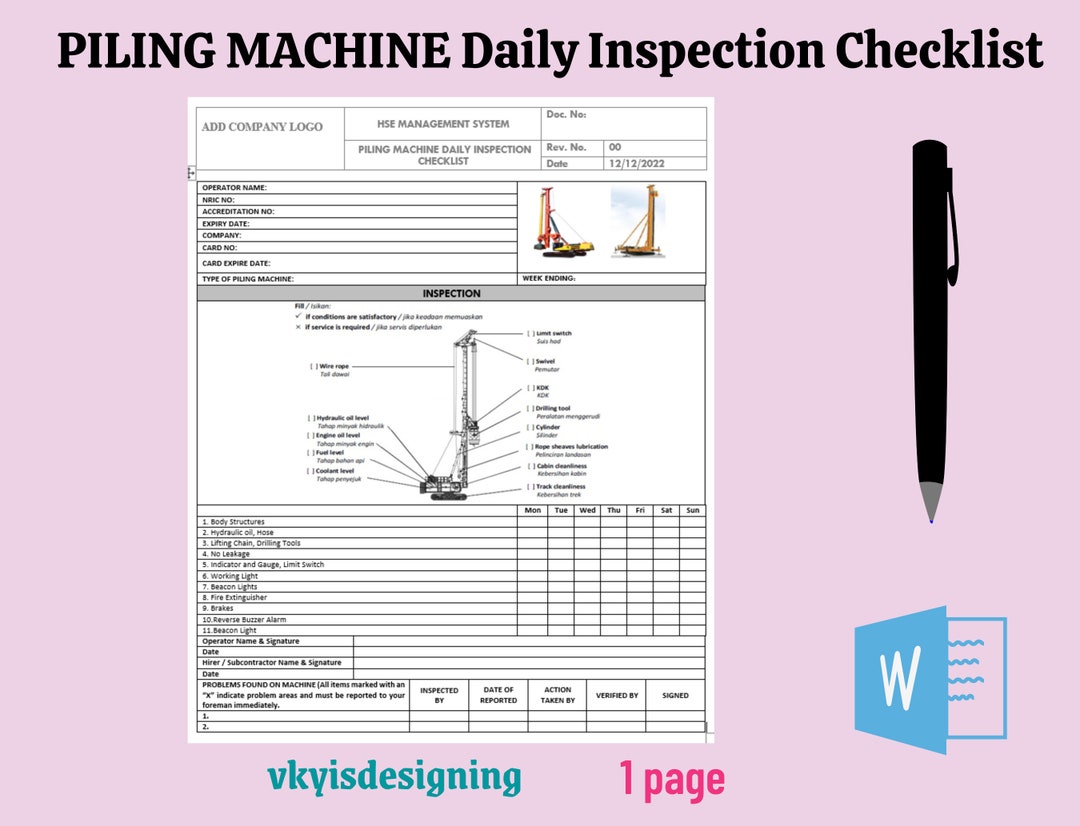 Piling Machine Inspection Checklist: Construction Safety (WORD) - Etsy