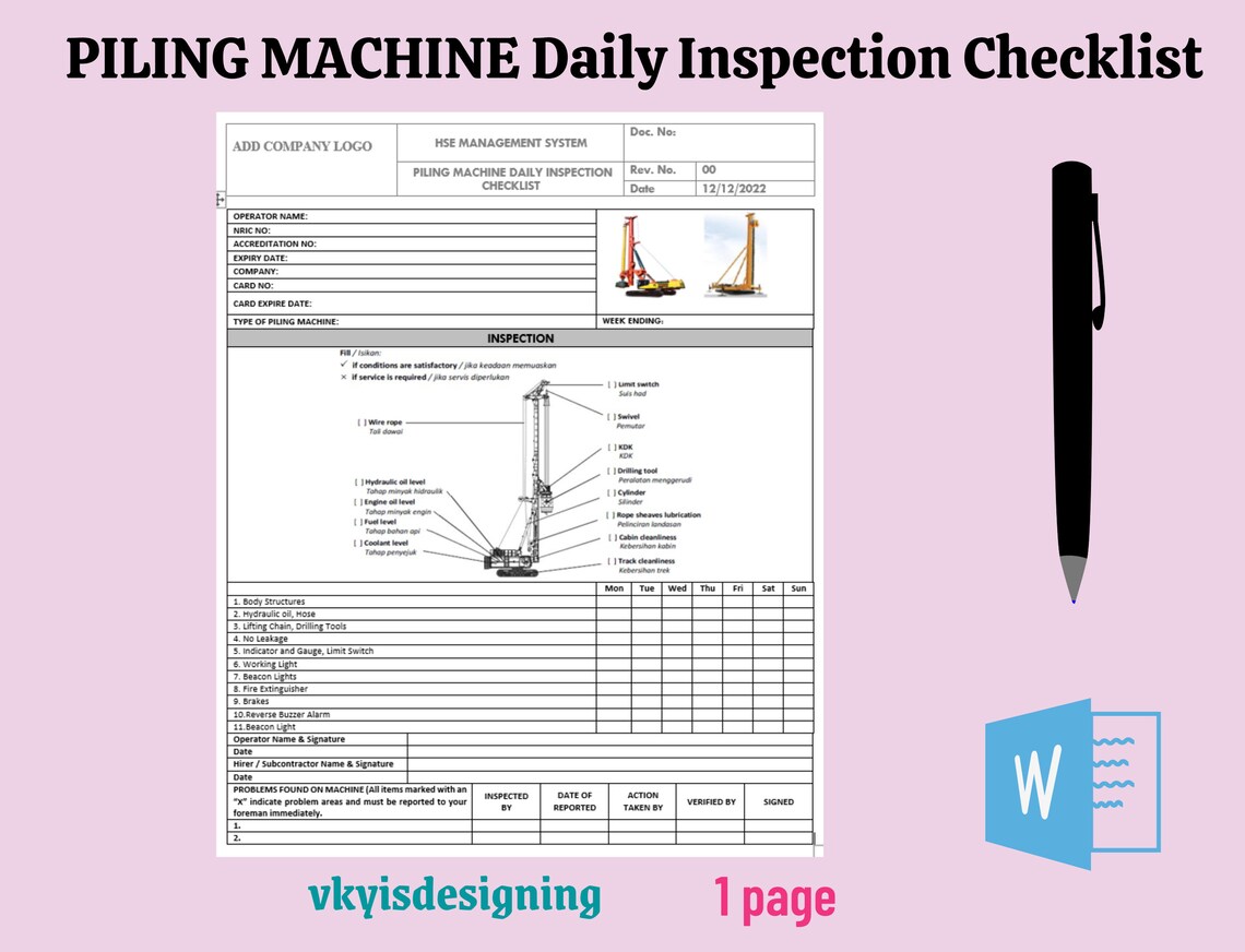 Piling Machine Inspection Checklist: Construction Safety (WORD) - Etsy