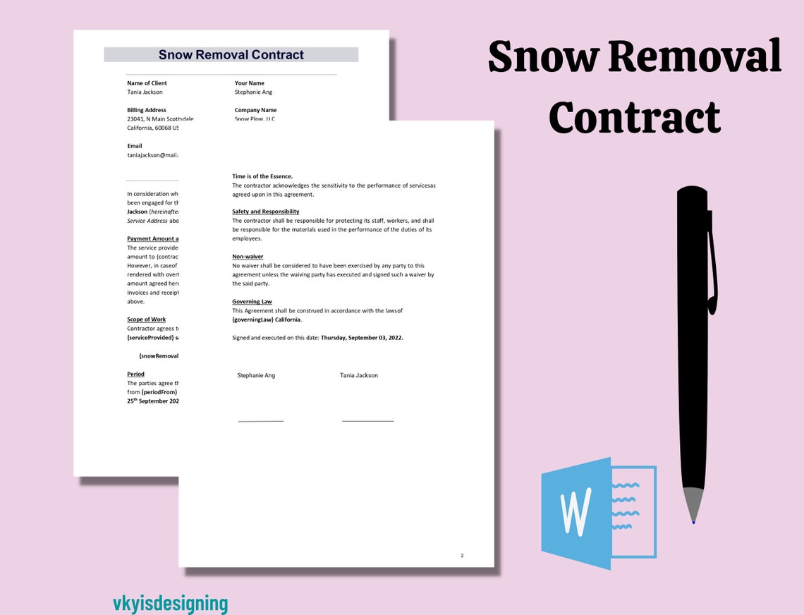 Snow Removal Contract Snow Plow Contract Snow Blowing Service Snow Plow ...