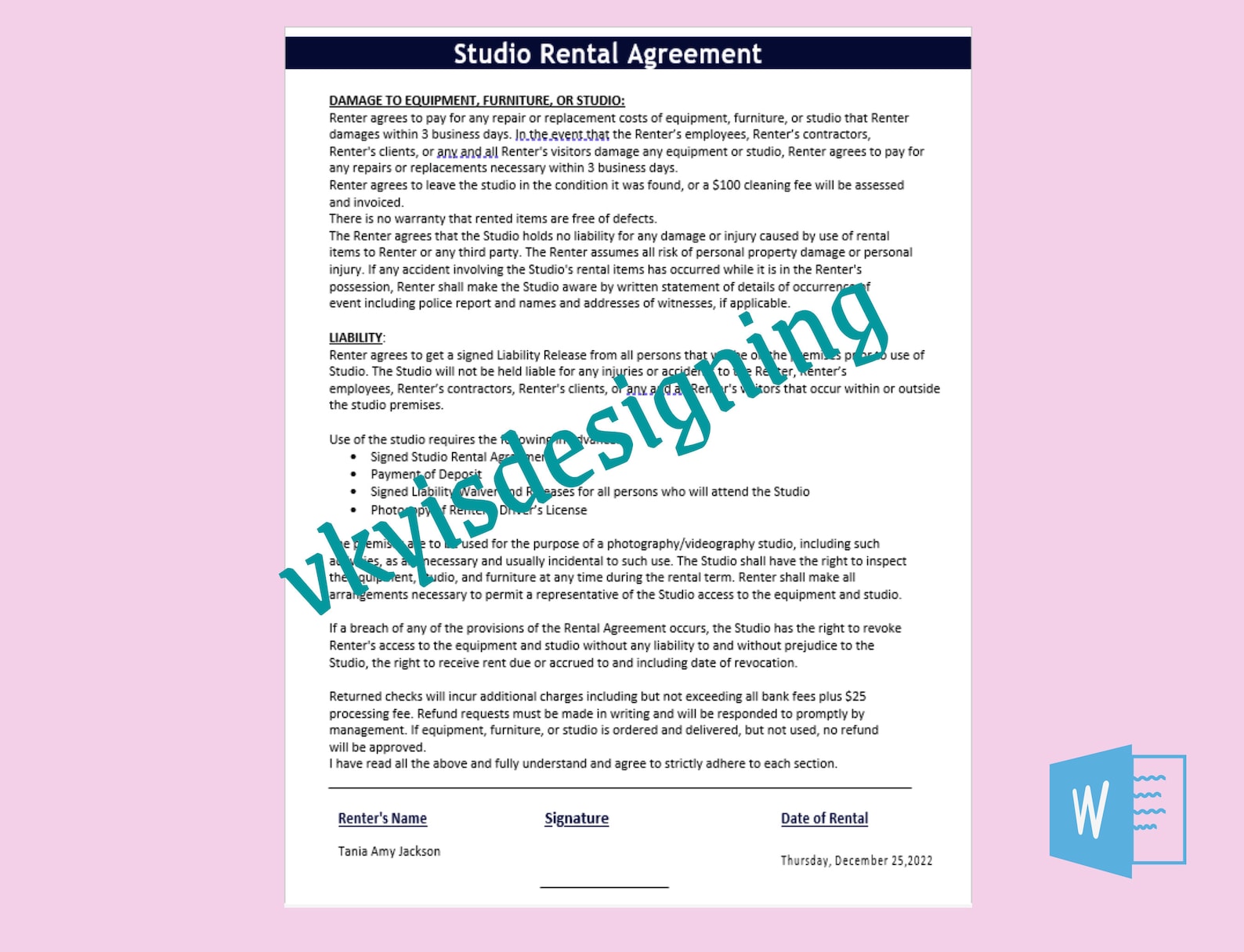 Studio Rental Agreement, Studio Contract, Photographer Contract, Studio ...