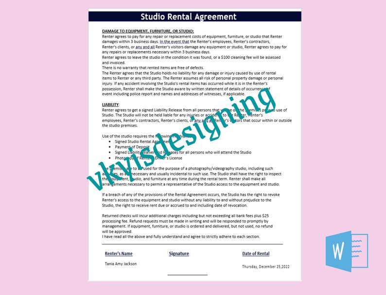 Studio Rental Agreement Template: Editable Contract (WORD) - Etsy