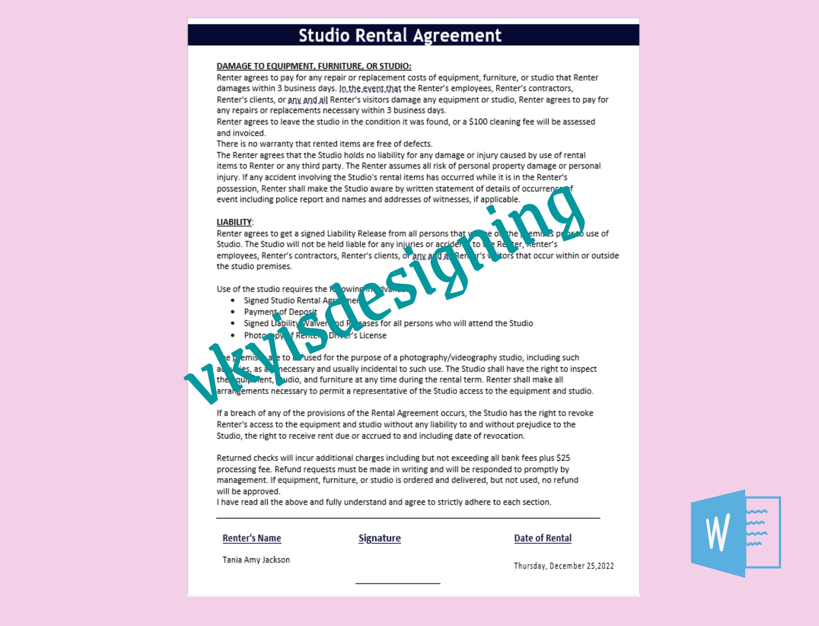 Studio Rental Agreement, Studio Contract, Photographer Contract, Studio ...