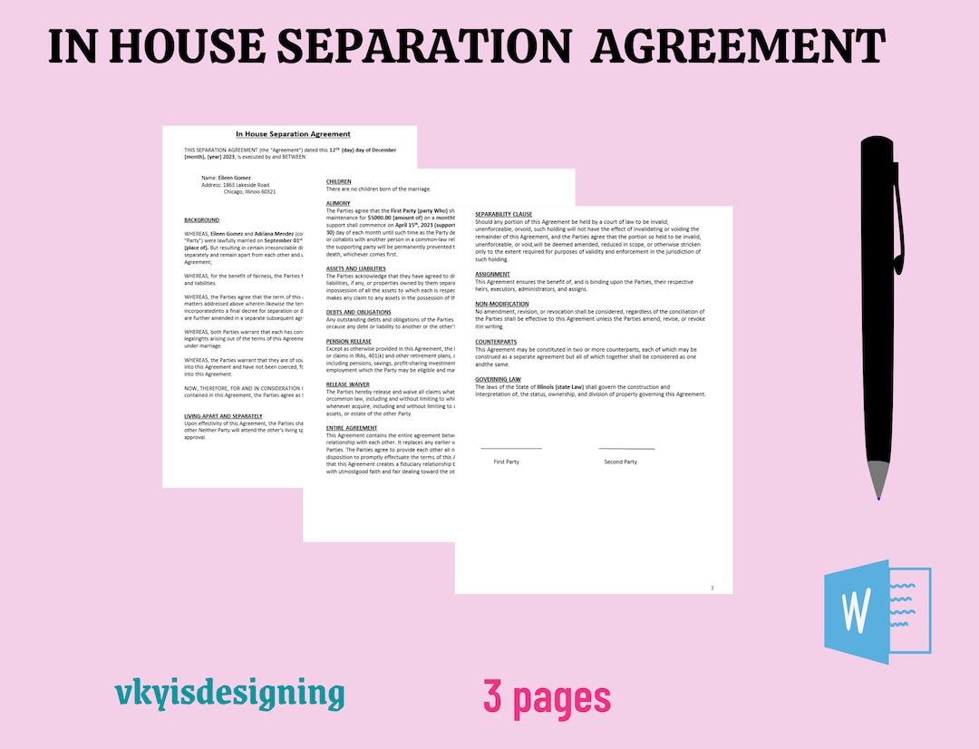In House Separation Agreement, Parents Agreement, Marriage Separated ...
