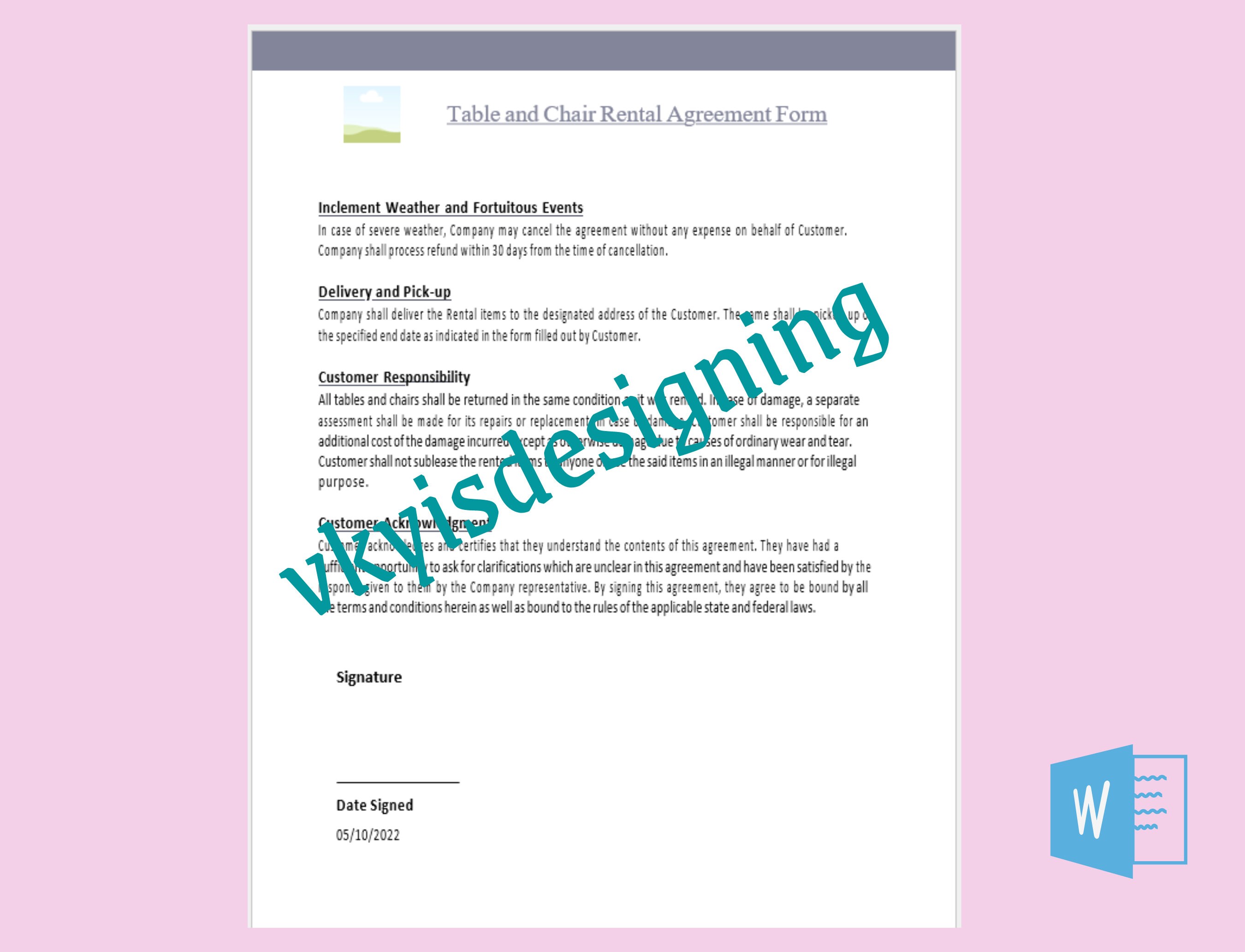 Editable Table and Chair Rental Agreement (A4 PDF) , Table Chair ...