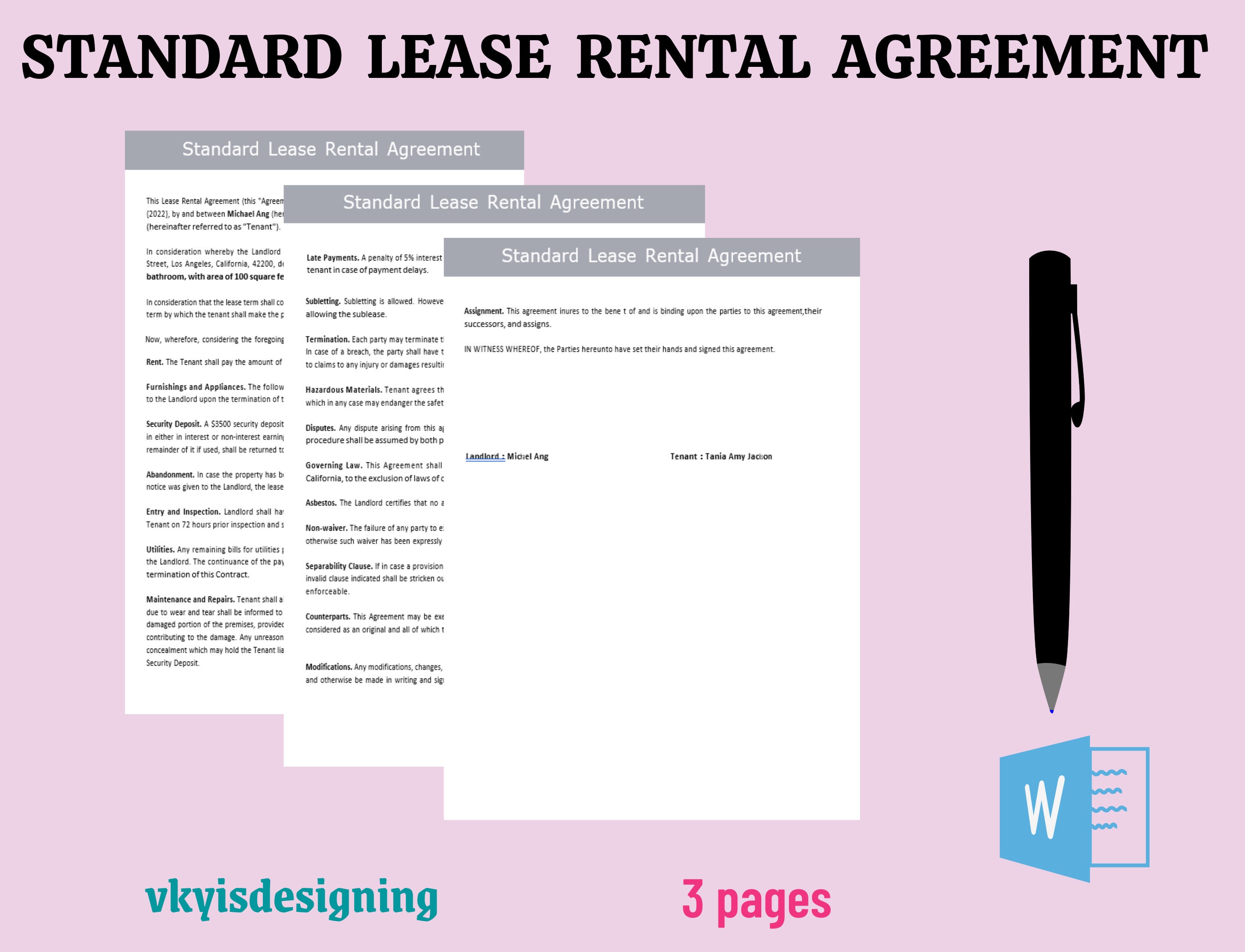Standard Rental Agreement, Simple Rental Form, Residential Form, Lease ...