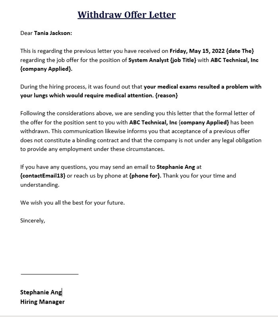 Withdraw Offer Letter, Withdraw Job Offer, Formal Letter, HR Letter ...