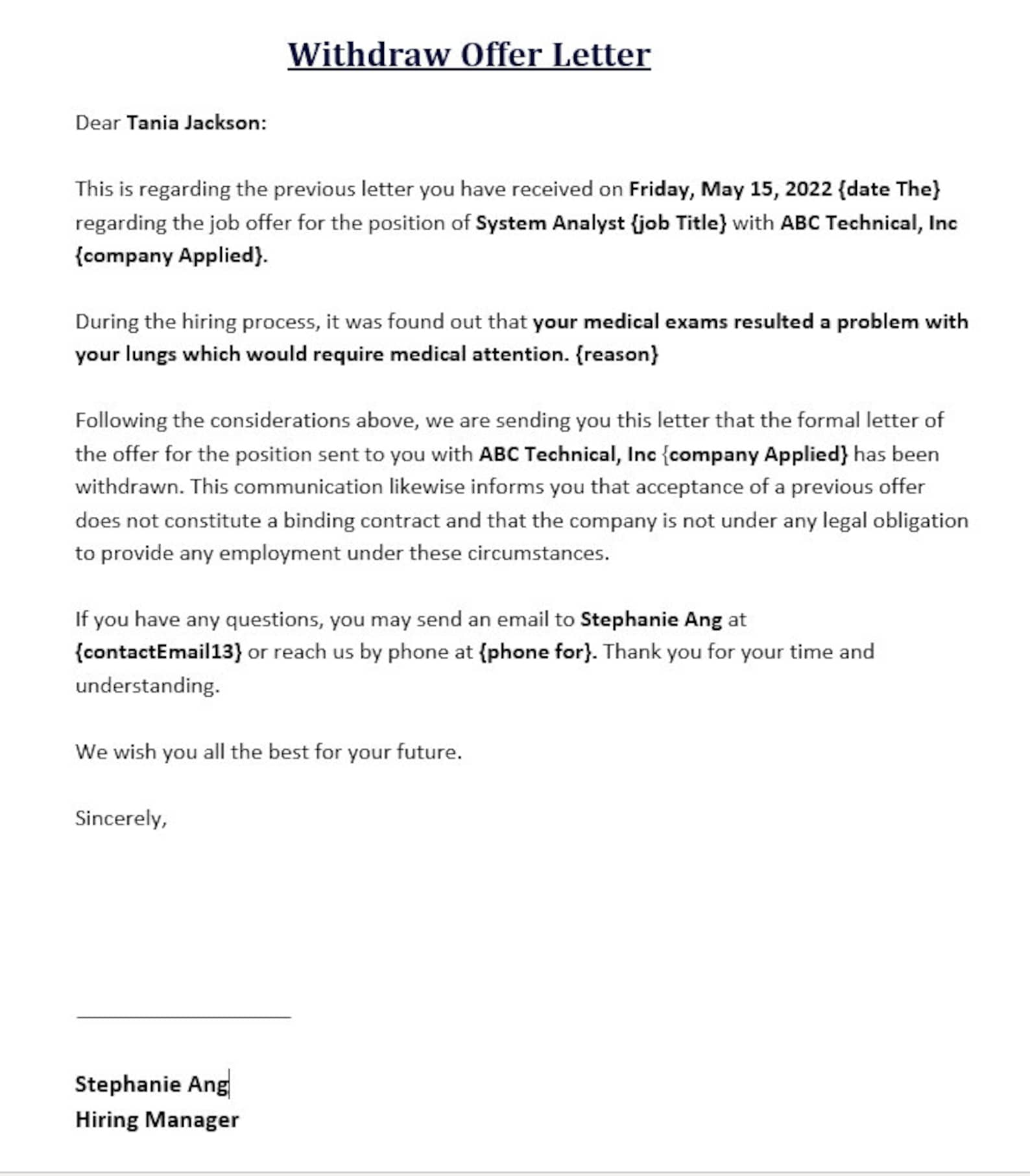 Withdraw Offer Letter, Withdraw Job Offer, Formal Letter, HR Letter ...