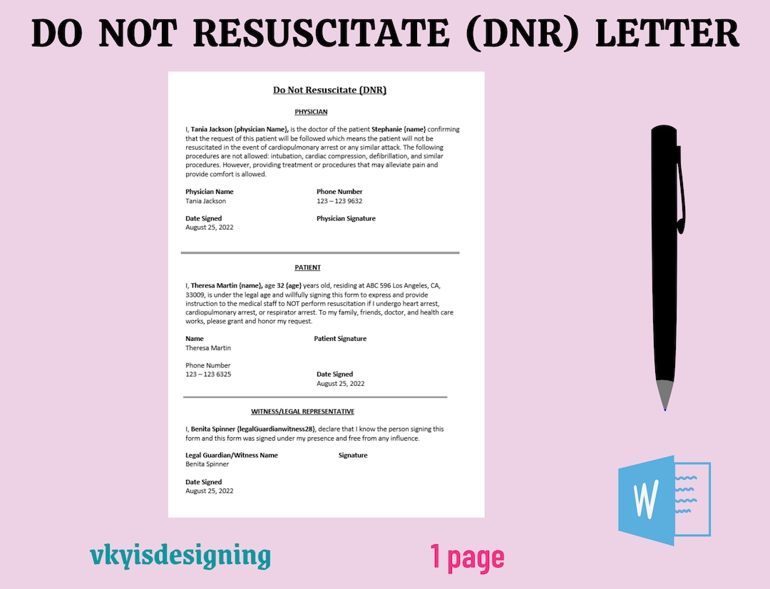 Do Not Resuscitate (DNR) Form: Medical Directive (editable WORD ...