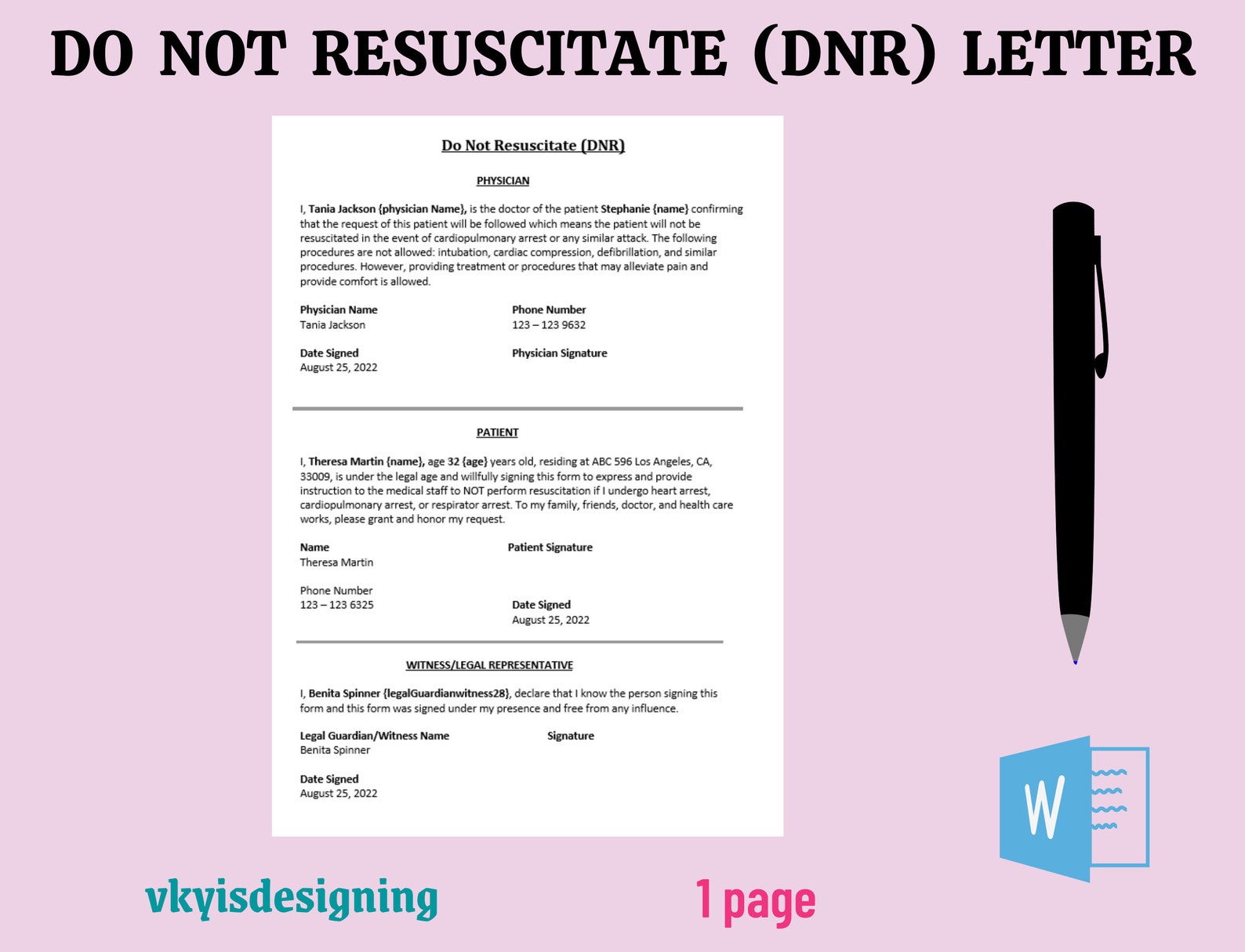 Do Not Resuscitate (DNR) Form: Medical Directive (editable WORD ...