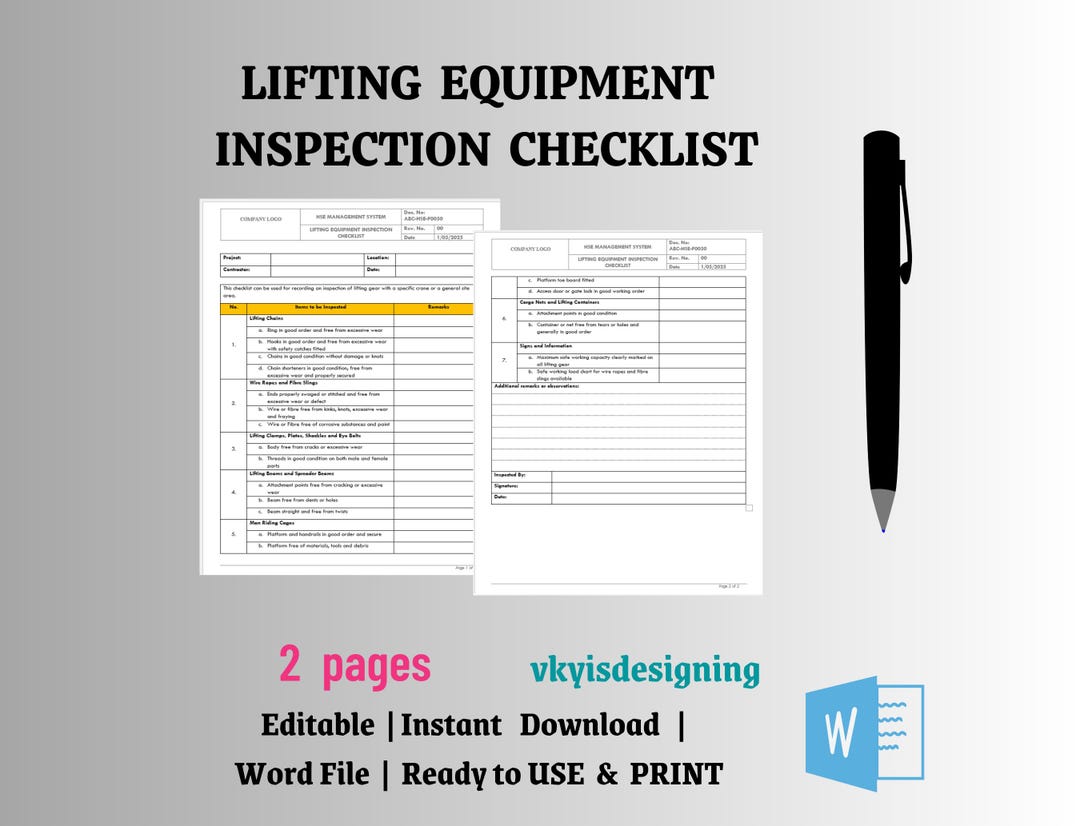 Lifting Equipment Inspection Checklist (word File) - Etsy