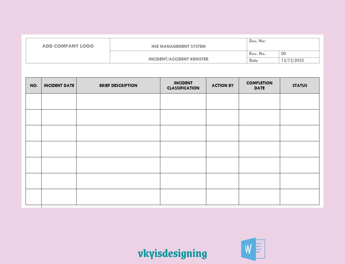 Accident & Incident Register Template: Workplace Safety Form (WORD) - Etsy
