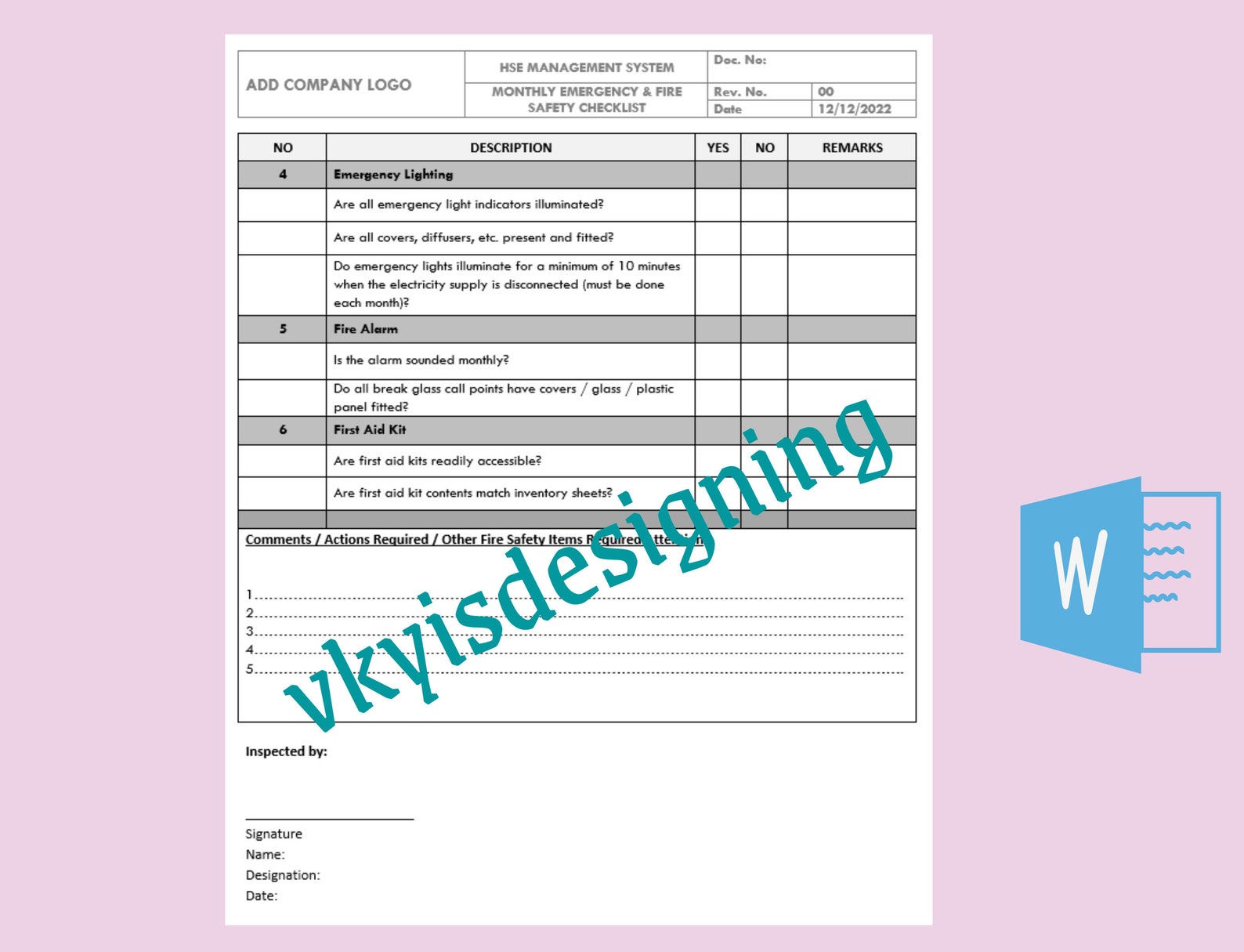 Emergency & Fire Safety Checklist: Monthly Risk Assessment (word) - Etsy UK