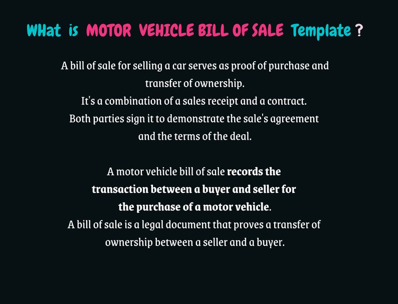 Motor Vehicle Bill of Sale, Car Bill of Sale, Motor Bill, Vehicle Bill ...