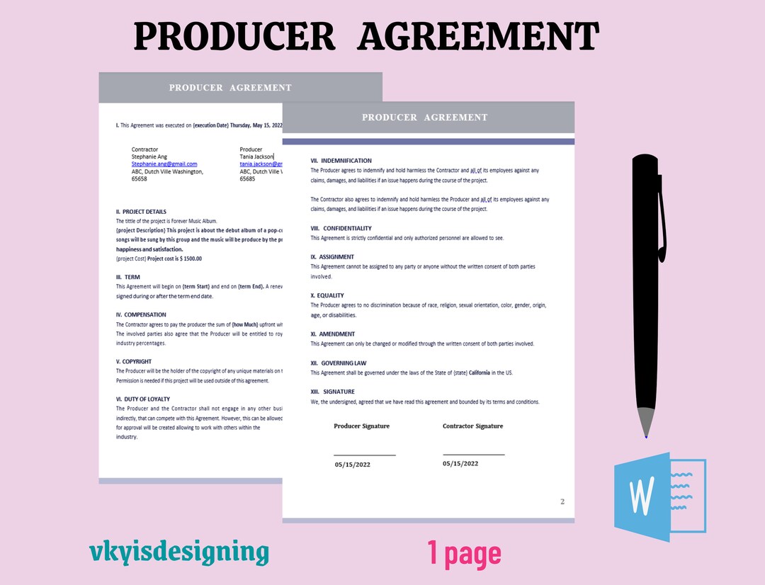 Producer Agreement Template: Legal Binding Contract (PDF) - Etsy