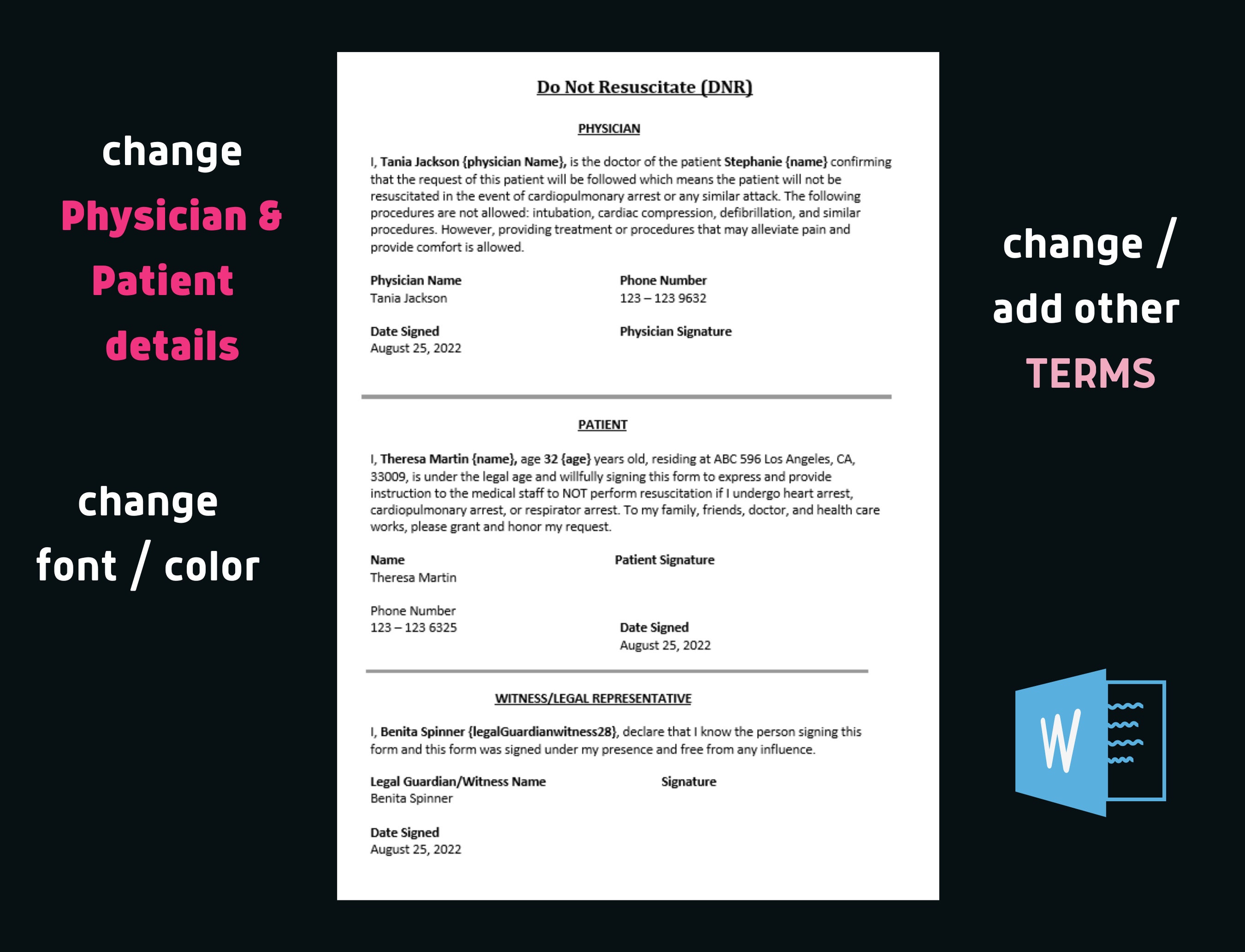 Do Not Resuscitate (DNR) Form: Medical Directive (editable WORD ...
