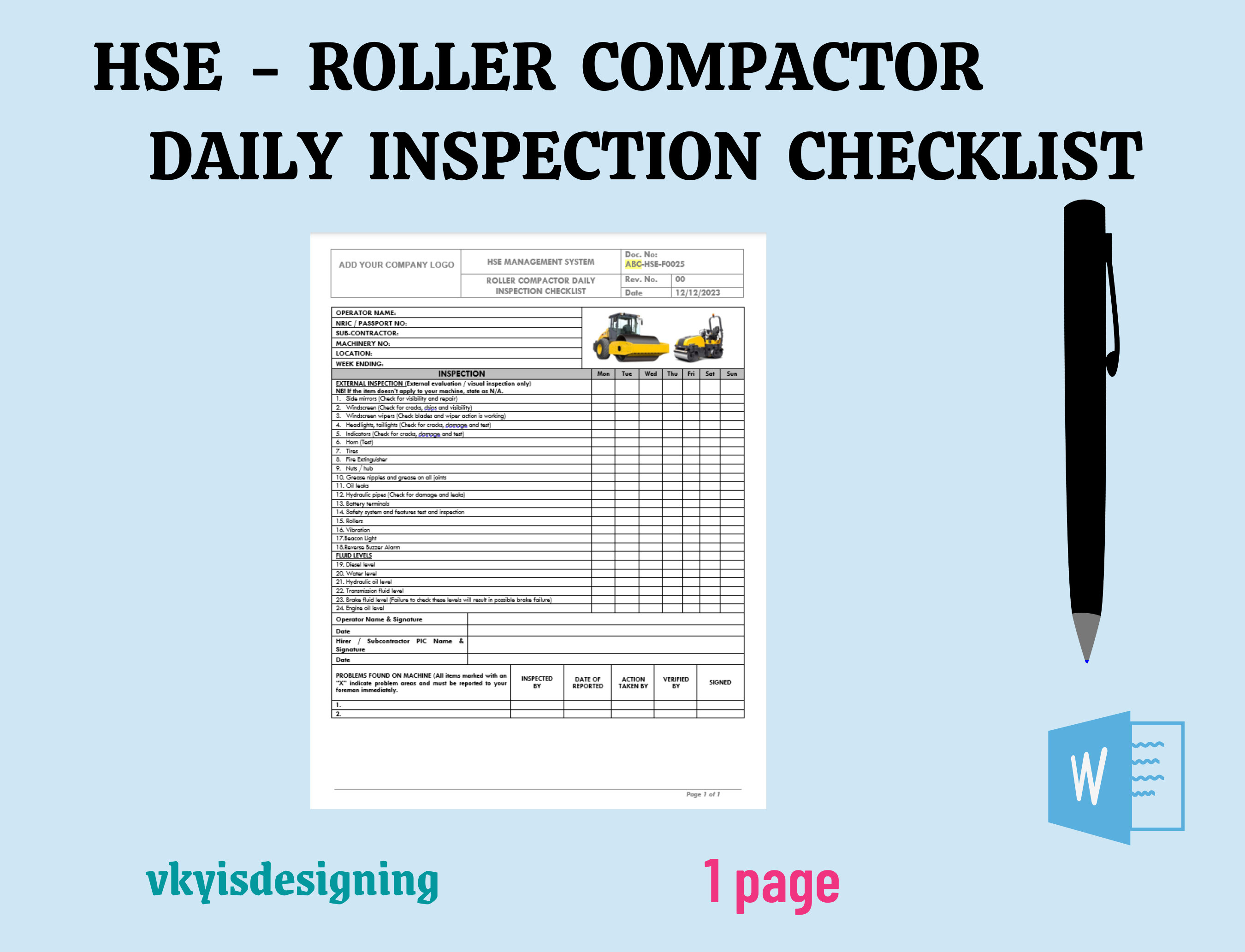 Free Roller Compactor Inspection Checklist (Customisable), 42% OFF