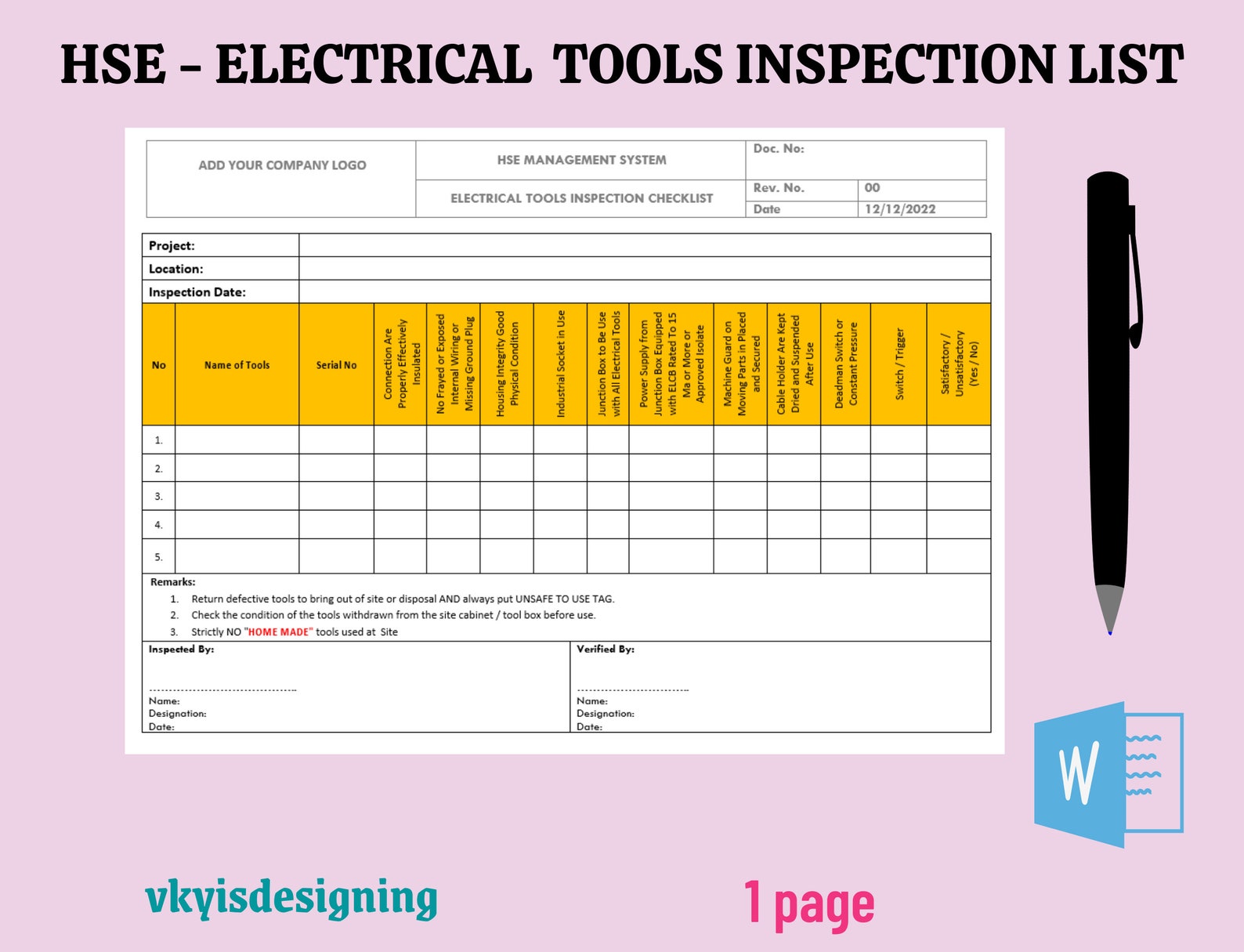 Electric Tools Inspection Checklist: Safety & Health (MS Word) - Etsy