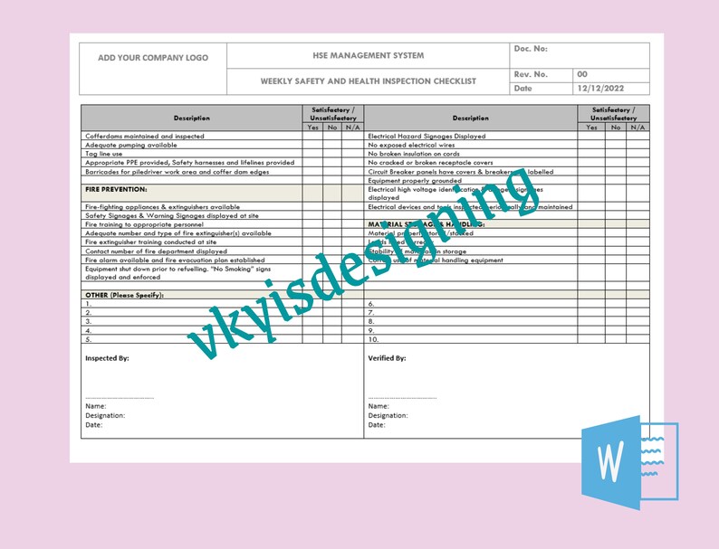 Weekly Safety Health Inspection Checklist: Construction Site Report ...