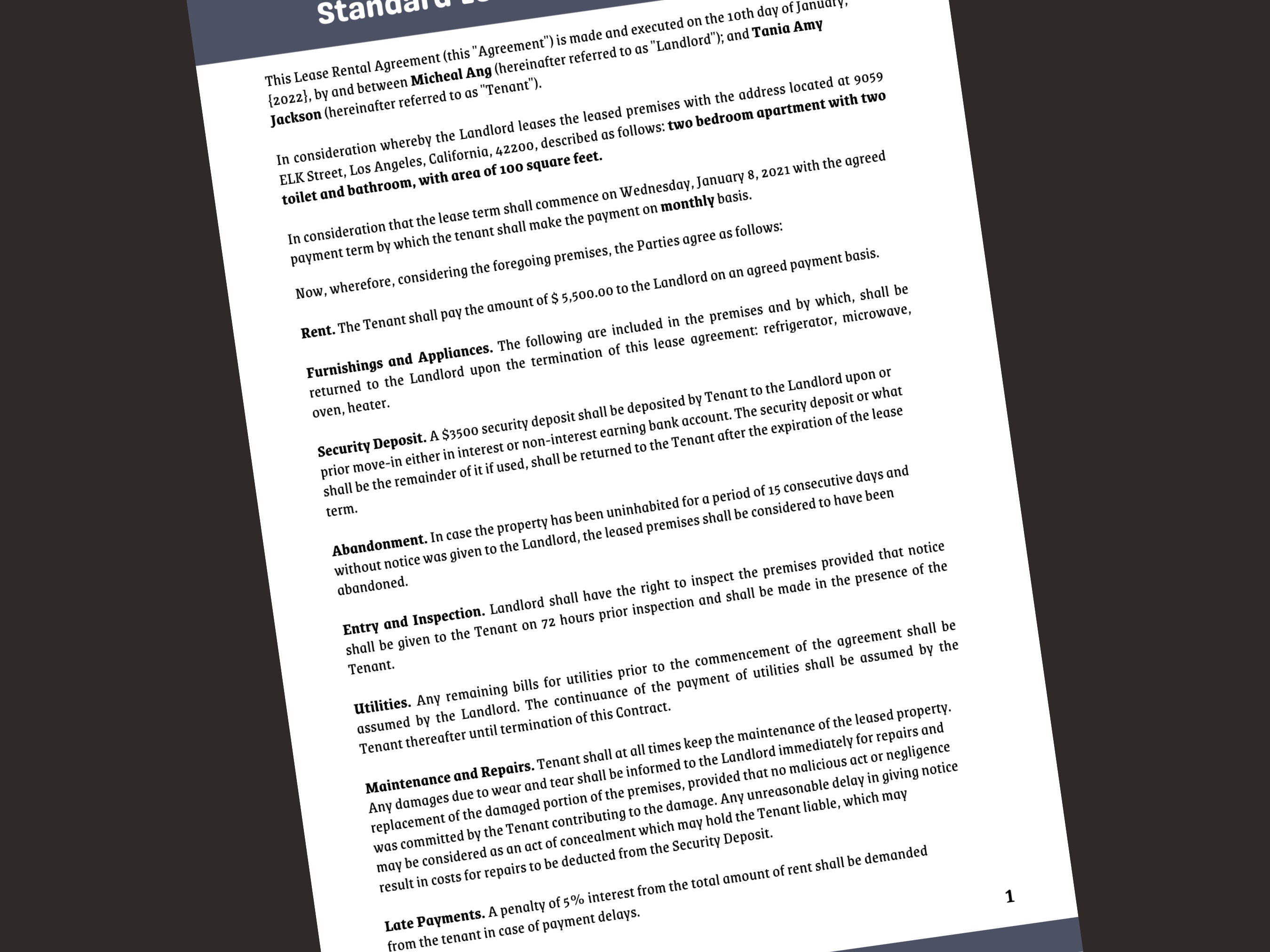 Standard Rental Agreement, Simple Rental Form, Residential Form, Lease ...