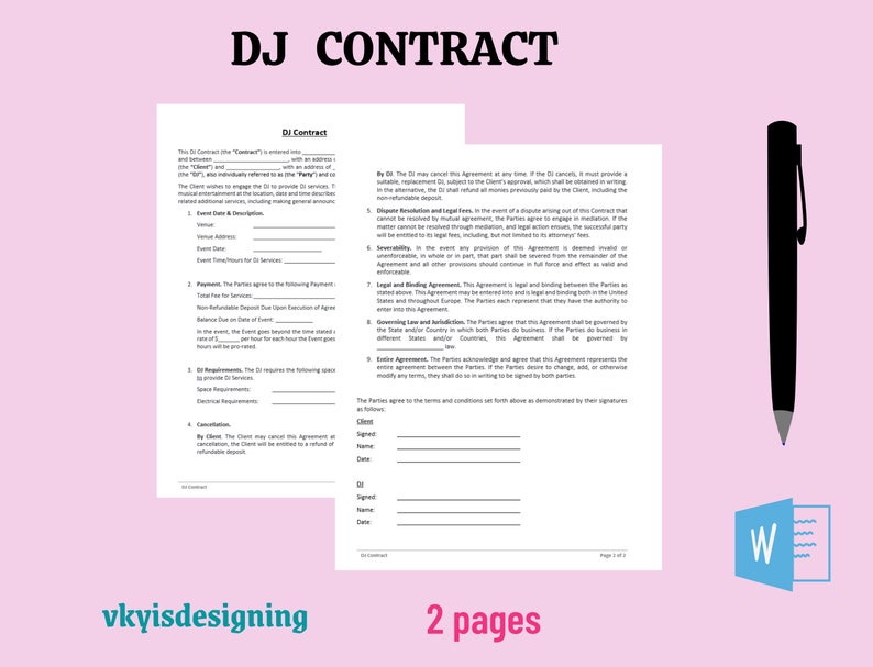 Editable DJ Contract Template: Wedding, Birthday, Party (editable Word ...