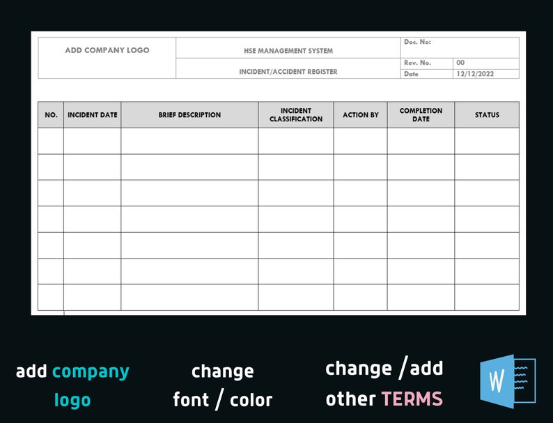 Accident & Incident Register Template: Workplace Safety Form (WORD) - Etsy