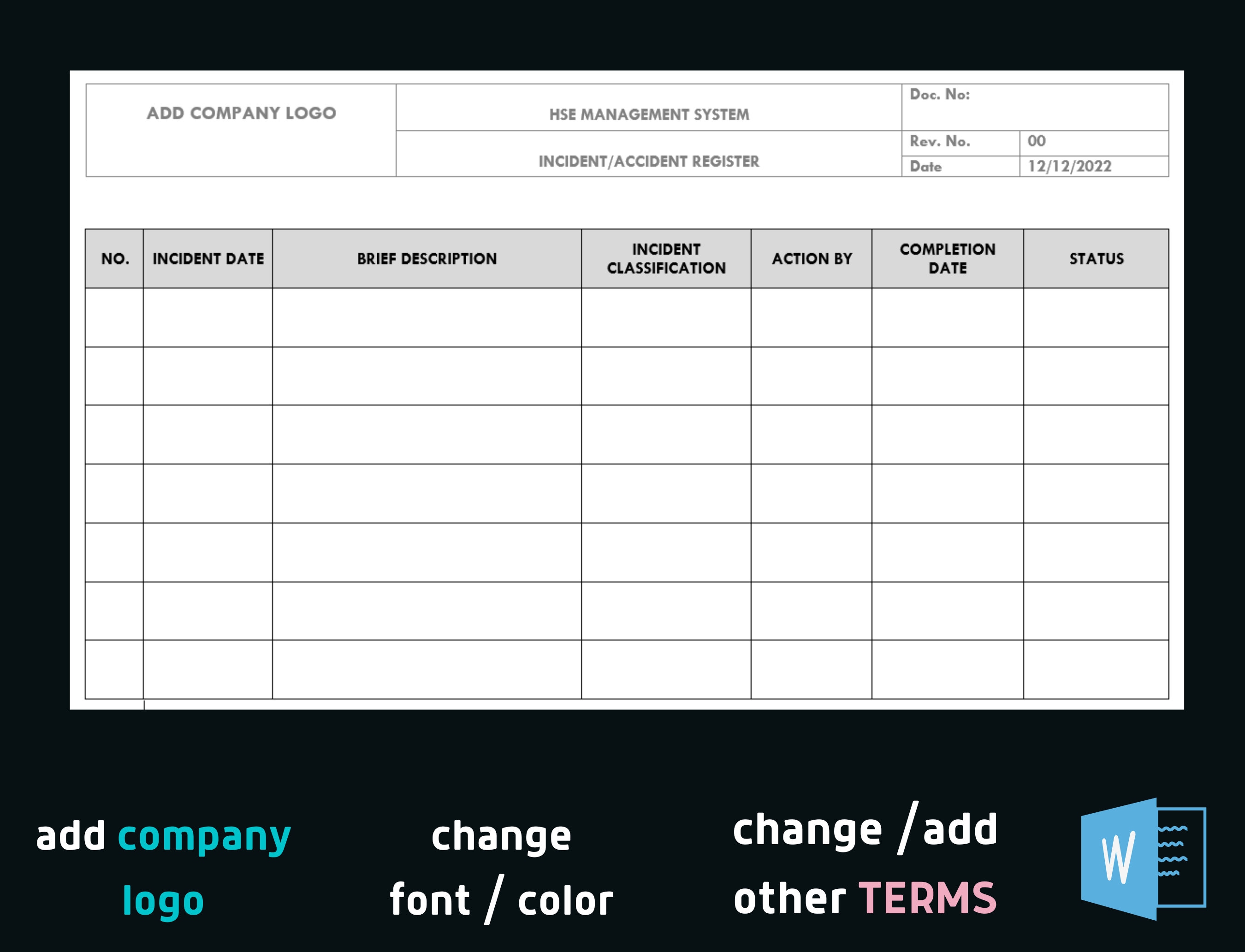 Accident & Incident Register Template: Workplace Safety Form (WORD) - Etsy