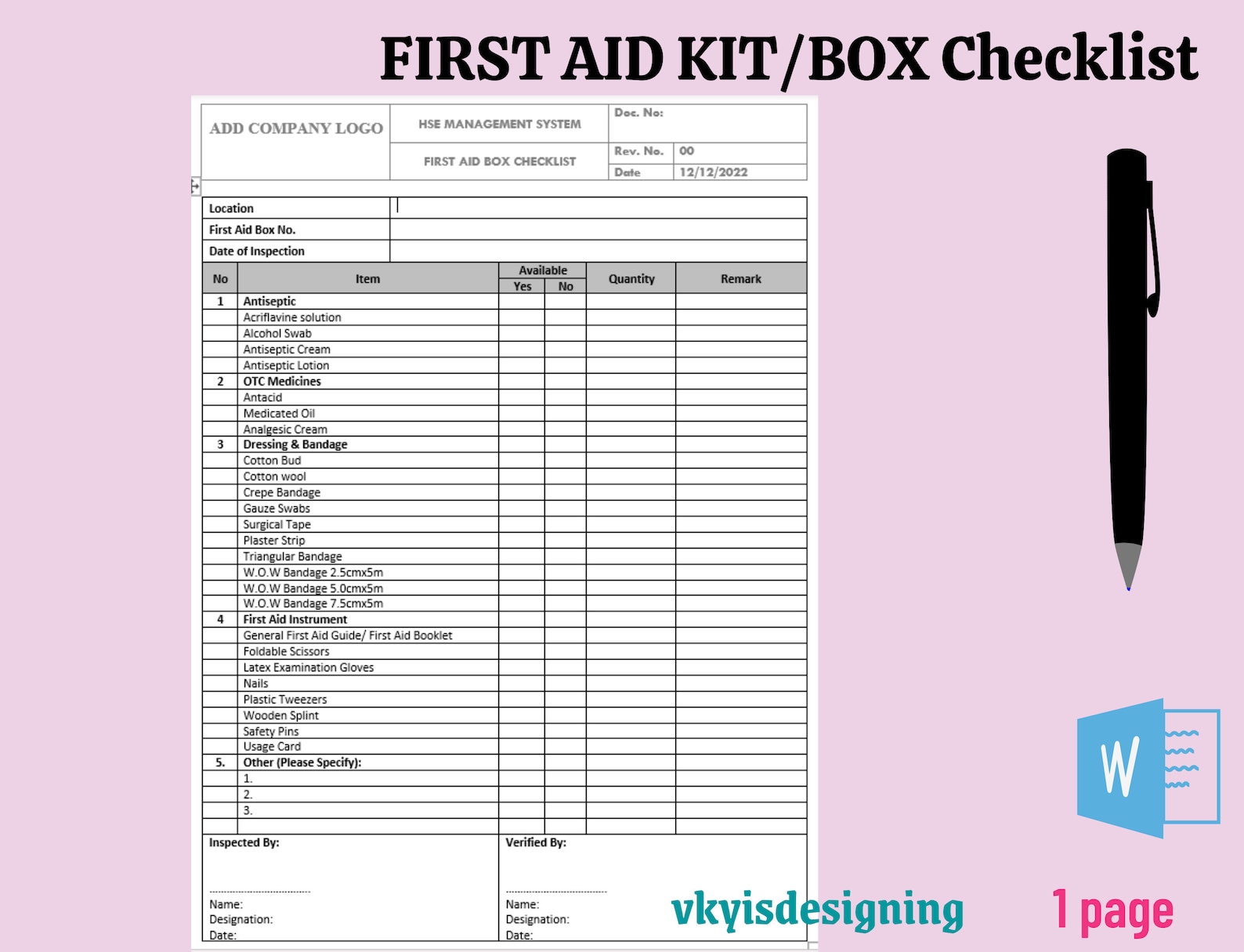 First Aid Kit Checklist: Editable Medicine Bag Inventory (WORD Template ...