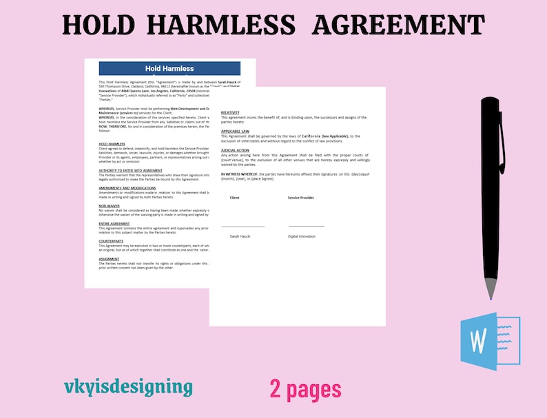Hold Harmless Agreement Template: Editable Liability Waiver (WORD ...