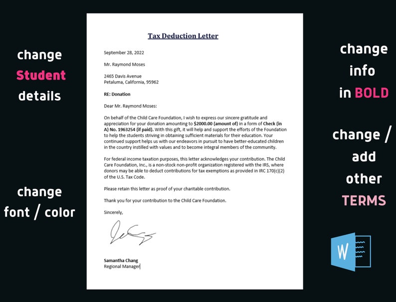 Tax Deduction Letter Template: Thank You, Proof of Receipt (WORD) - Etsy