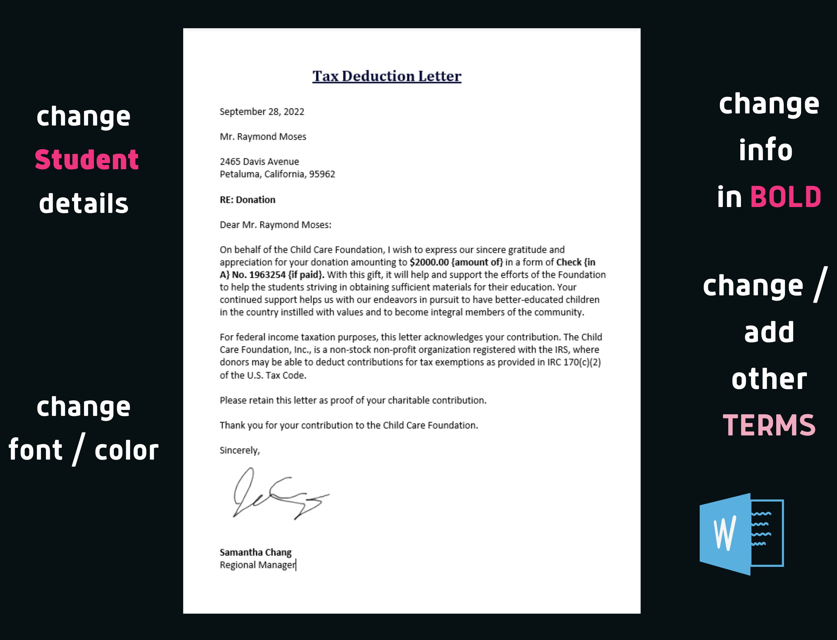 Tax Deduction Letter Template: Thank You, Proof of Receipt (WORD) - Etsy