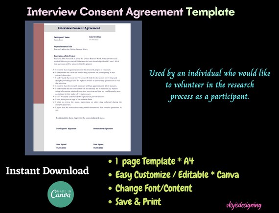 Interview Consent Form Research Interview Consent | Etsy
