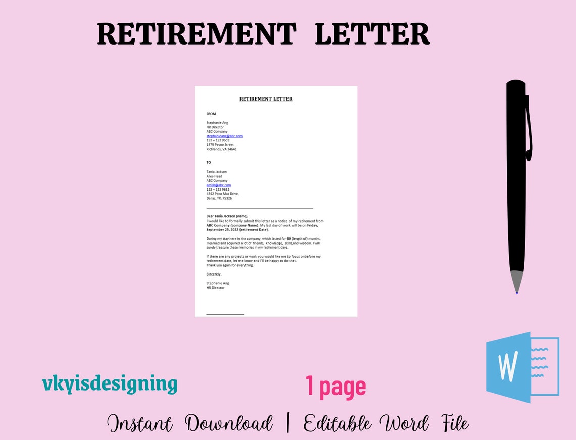 Retirement Letter Template: Professional Resignation Notice (WORD) - Etsy