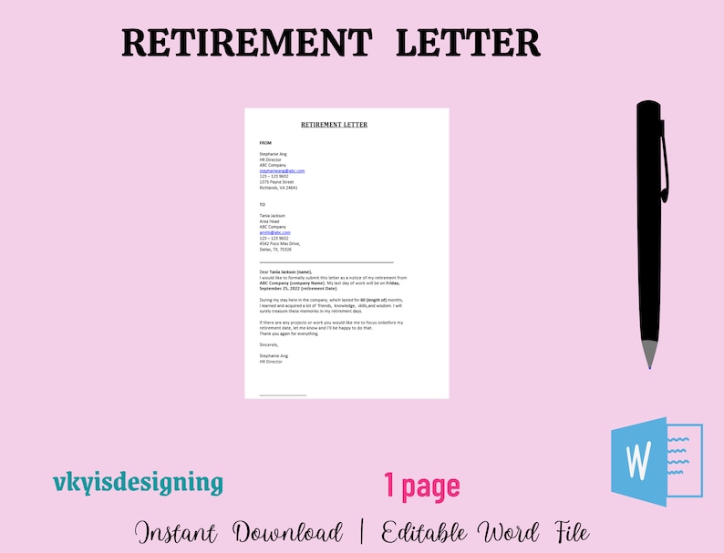Retirement Letter Template: Professional Resignation Notice (WORD) - Etsy