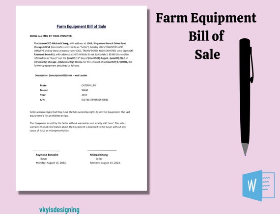 Farm Equipment Bill of Sale Tractor Bill Farm Equipment - Etsy Canada