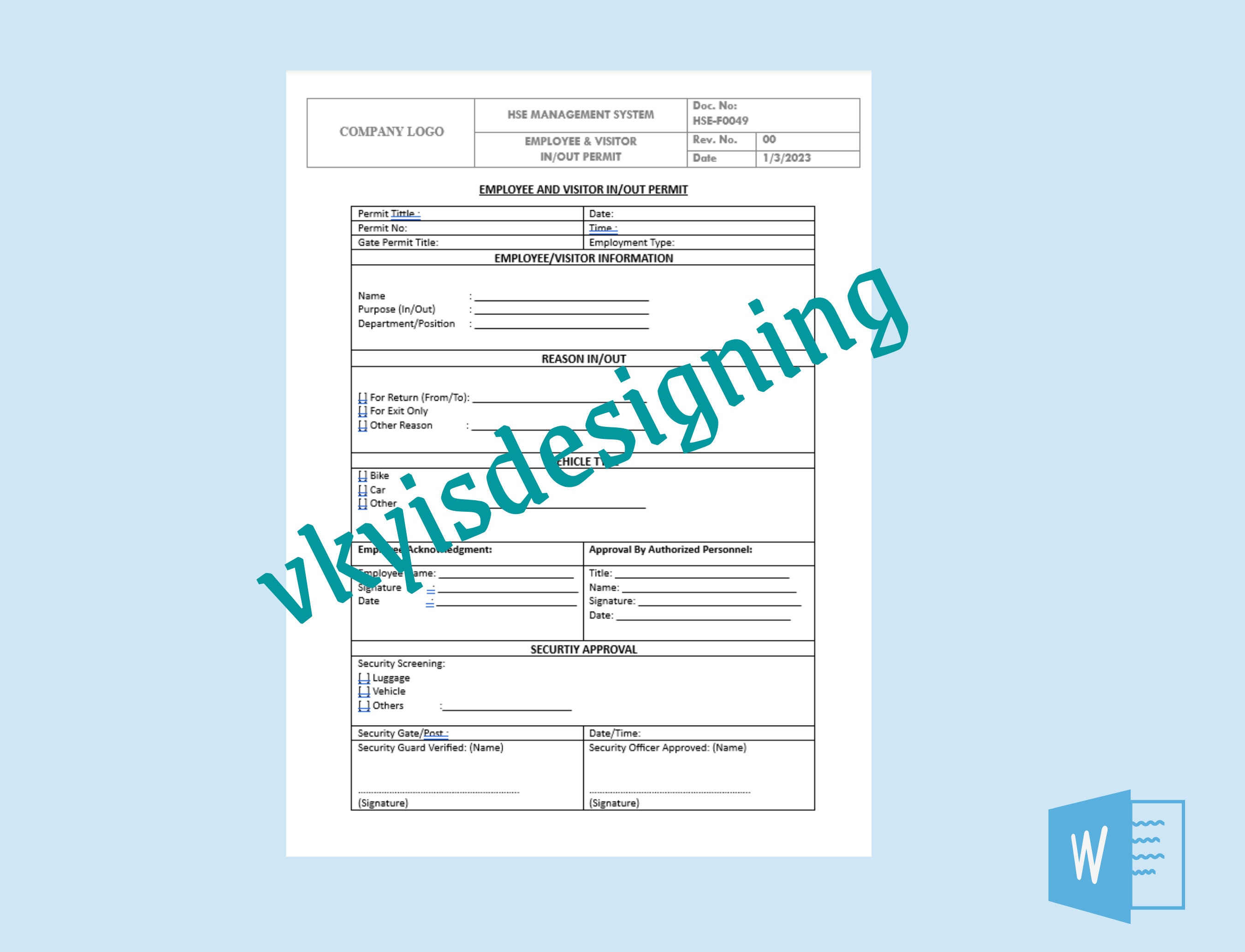 Employee/visitor In/out Permit Template (word File) - Etsy