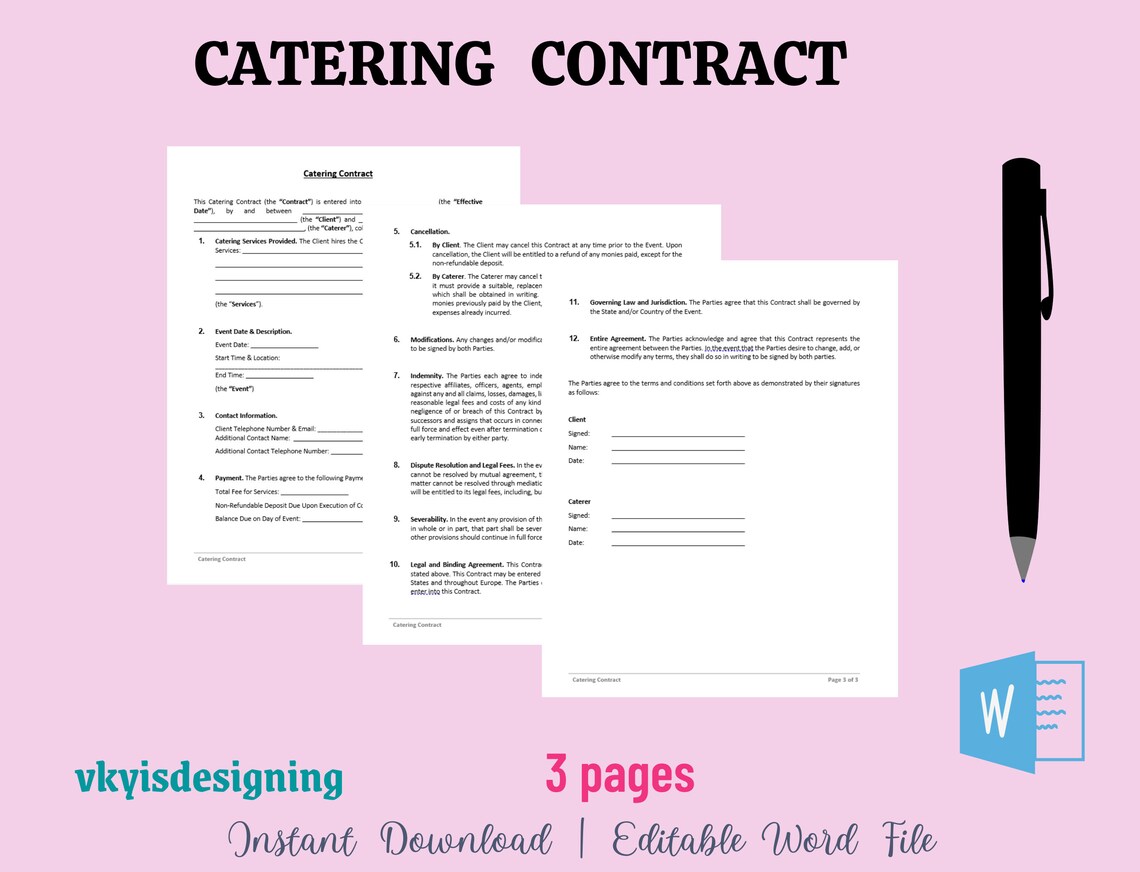 Catering Contract Template: Food Service Agreement (editable Word) - Etsy