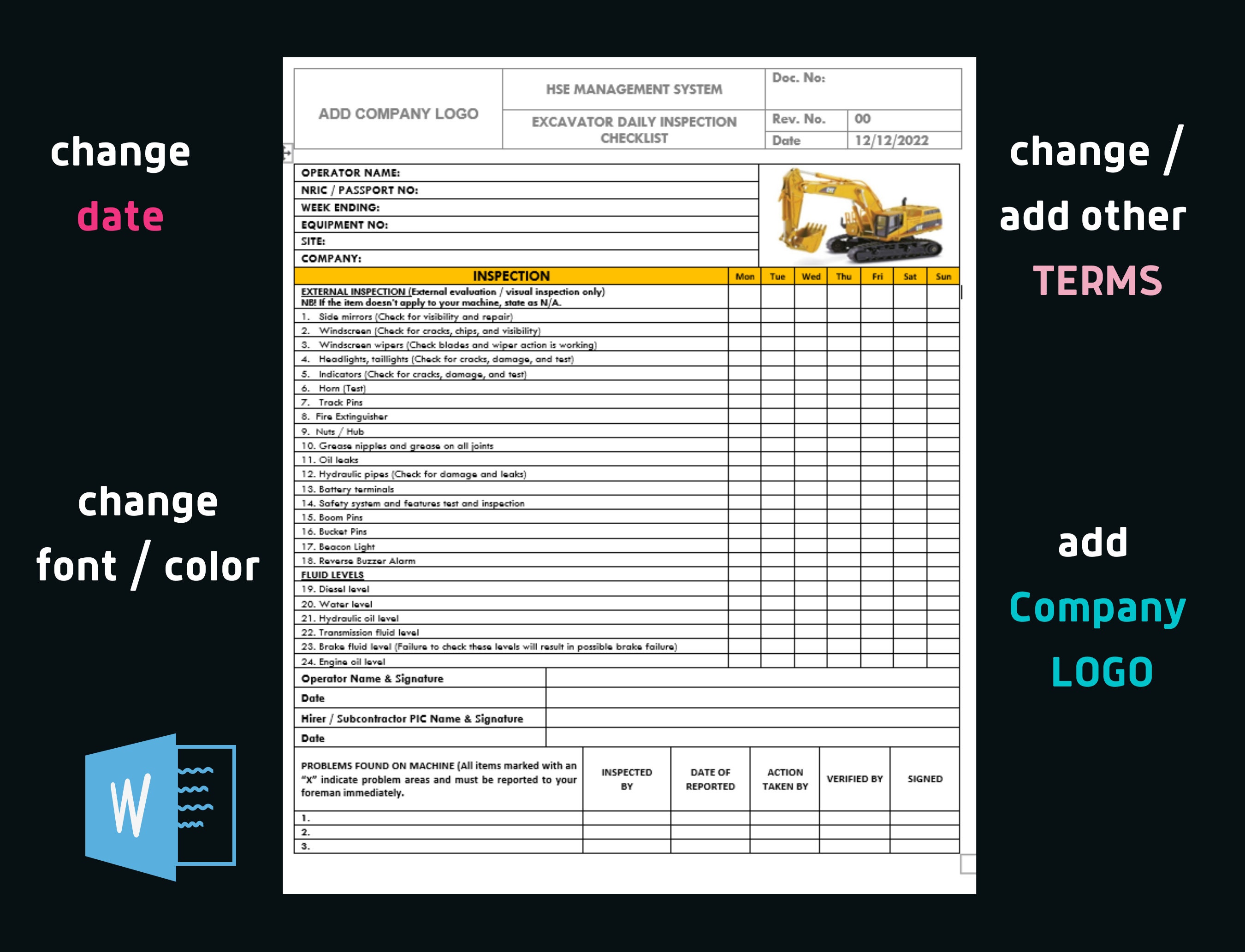 Excavator Inspection, Safety Inspection, Machine Inspection, Site ...