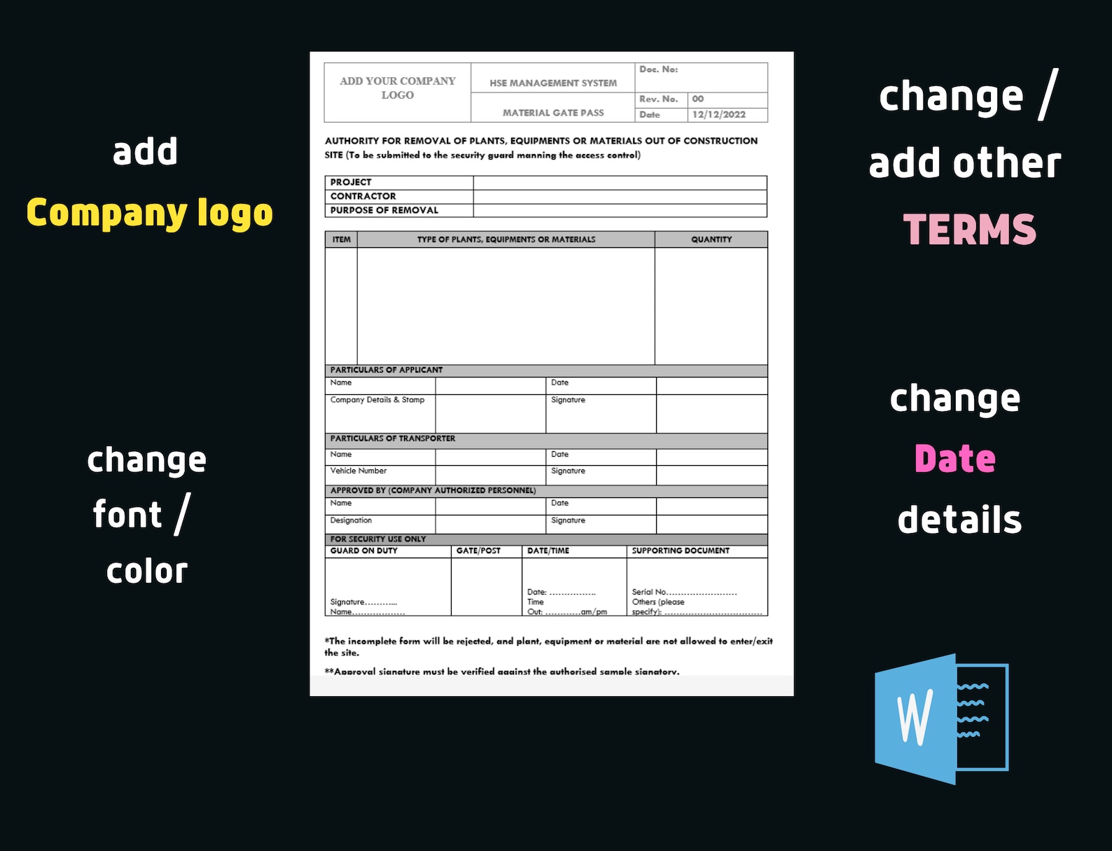 Material Gate Pass, Gate Permit, Material Tracker, Health Safety Policy ...