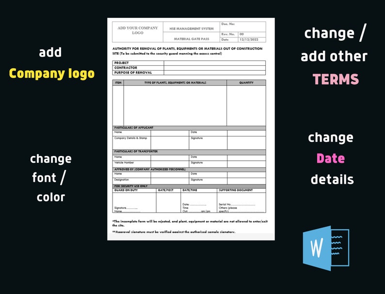 Buy Material Gate Pass Template: Construction Entry Approval (WORD ...