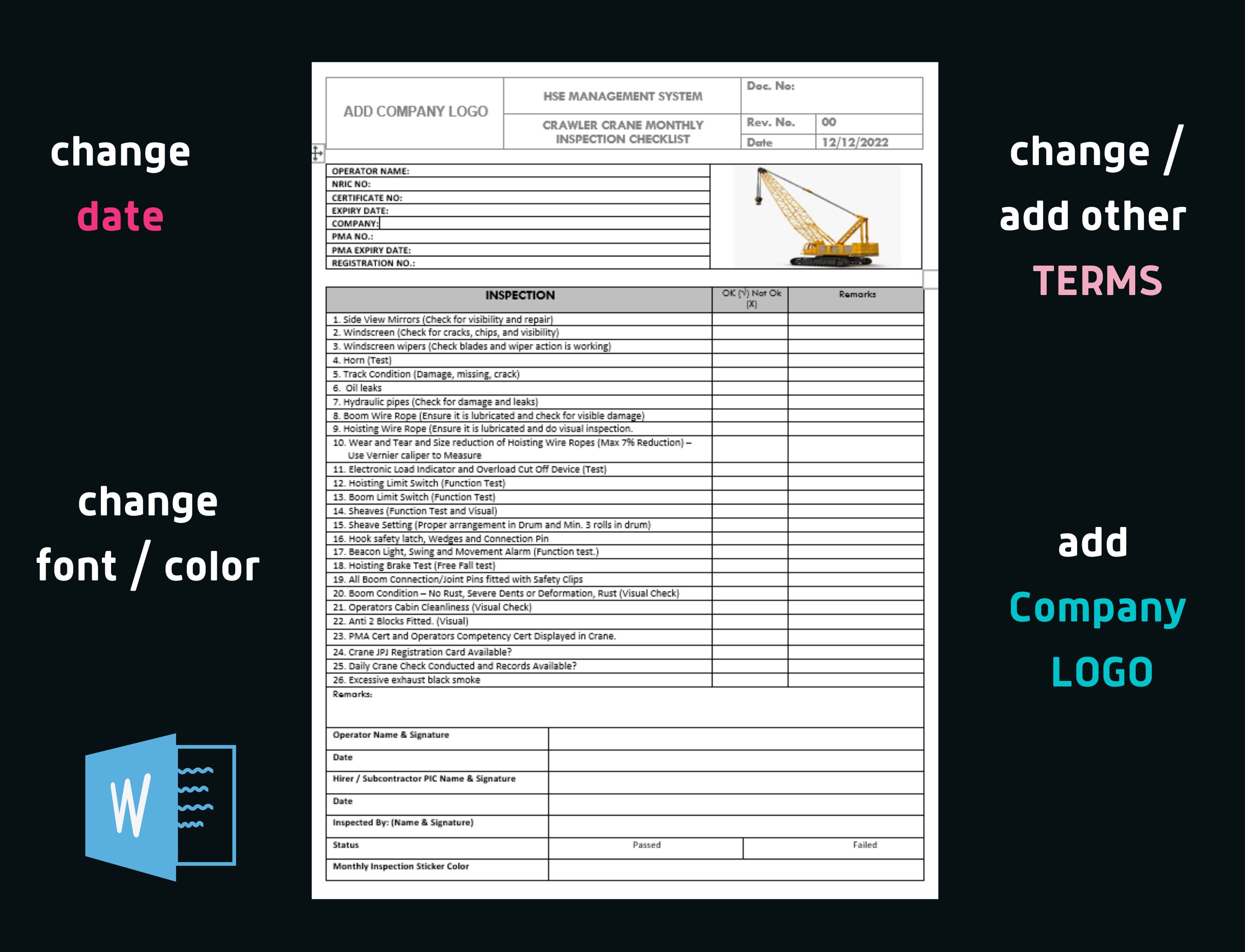 Crawler Crane Monthly Inspection Checklist, Safety Inspection ...