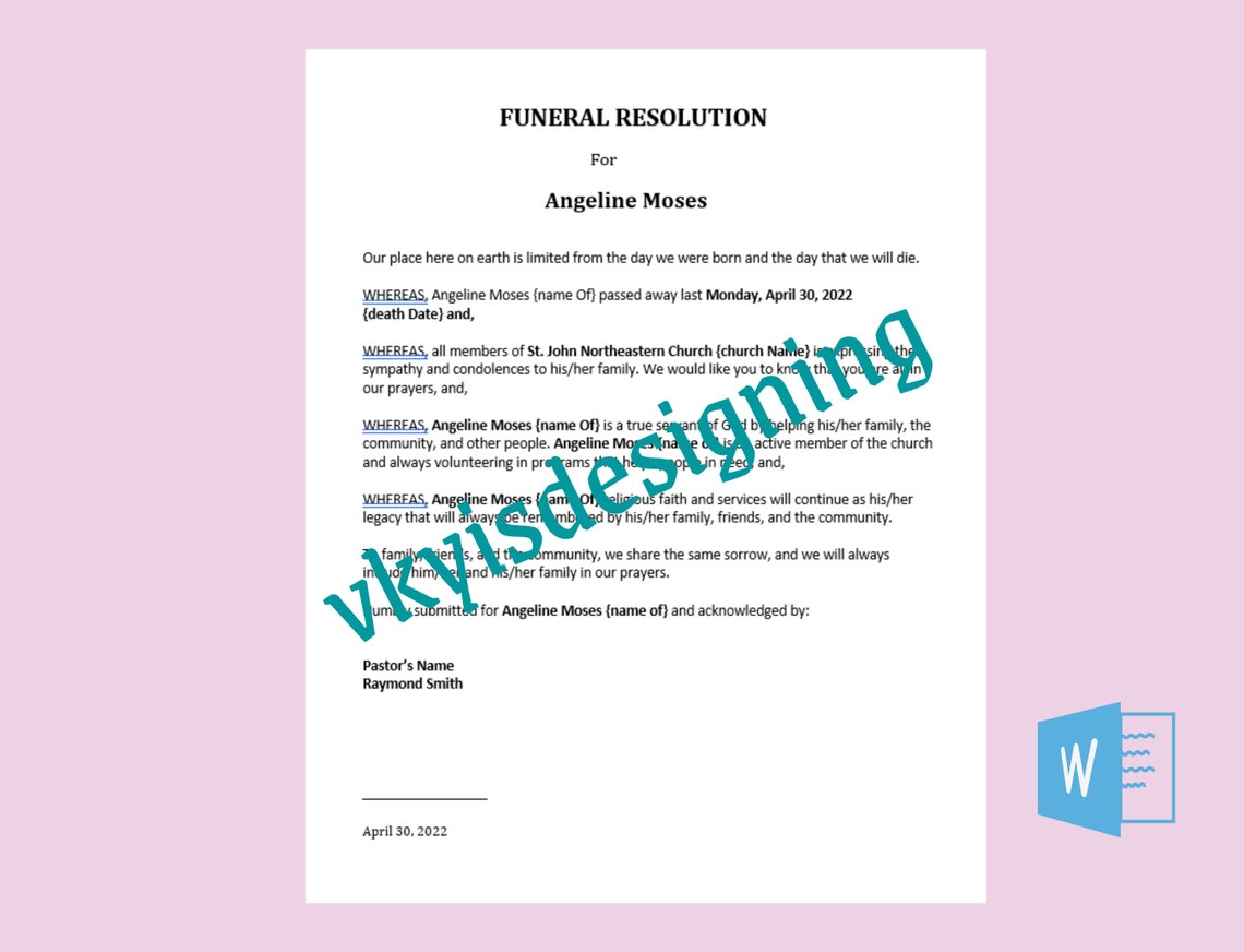 Funeral Resolution Letter Template: Church Memorial (editable WORD ...