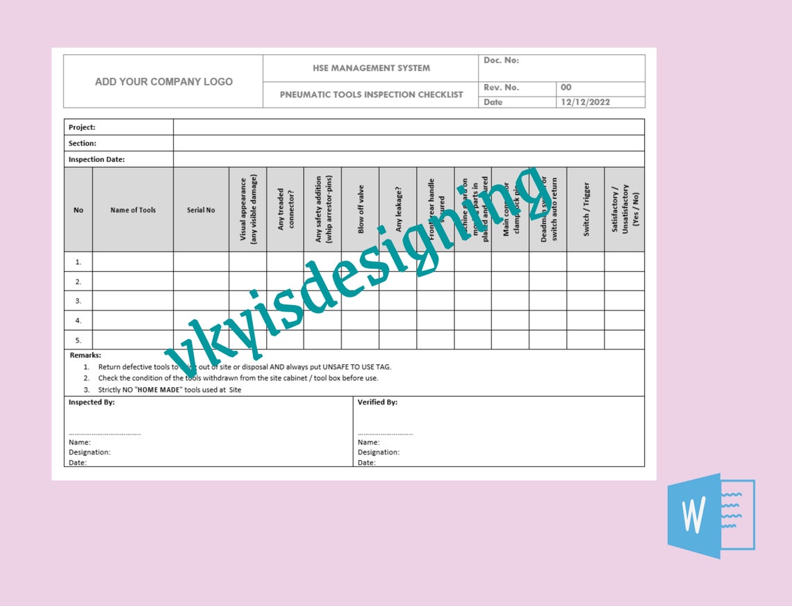 Pneumatic Tools Inspection Checklist, Material Checklist, Inspection ...