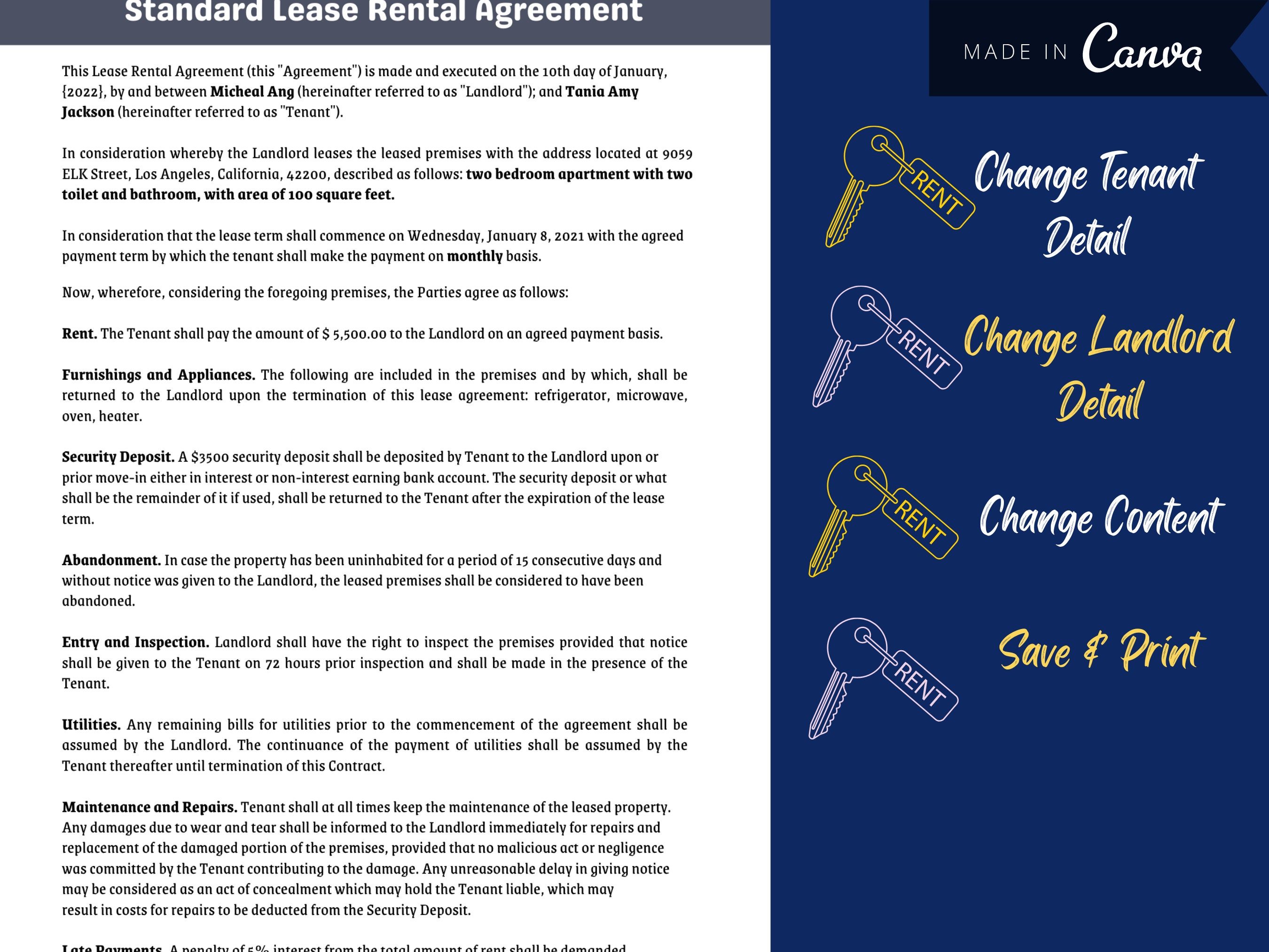 Standard Rental Agreement, Simple Rental Form, Residential Form, Lease ...