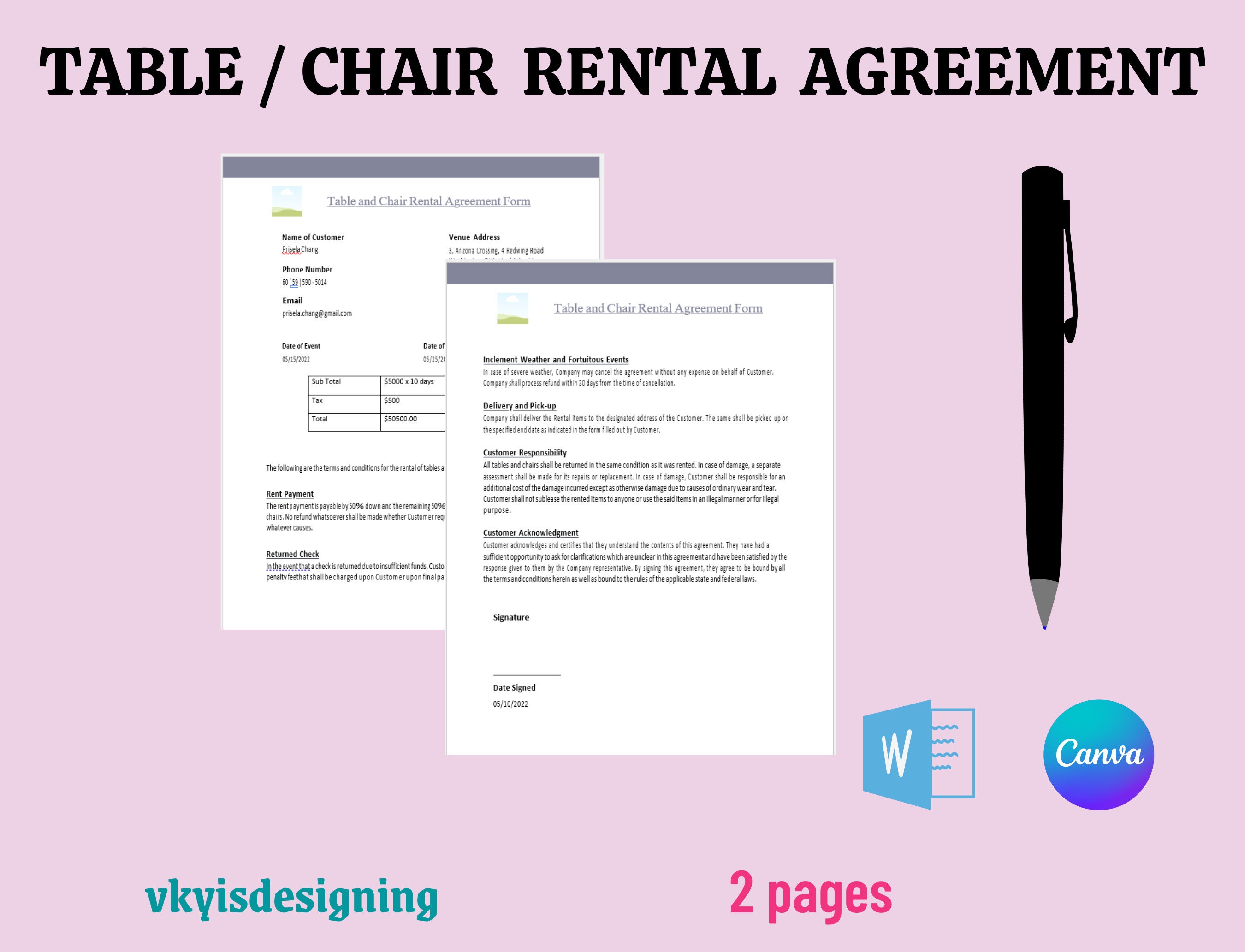 Editable Table and Chair Rental Agreement (A4 PDF) , Table Chair ...