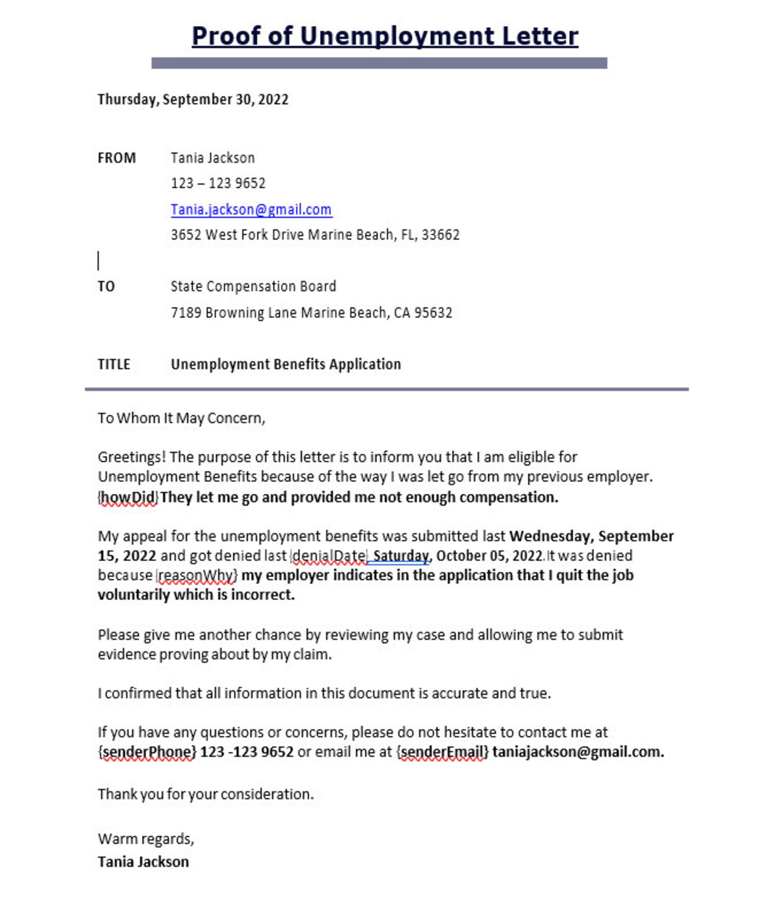Proof of Unemployment Letter Template (editable WORD) - Etsy