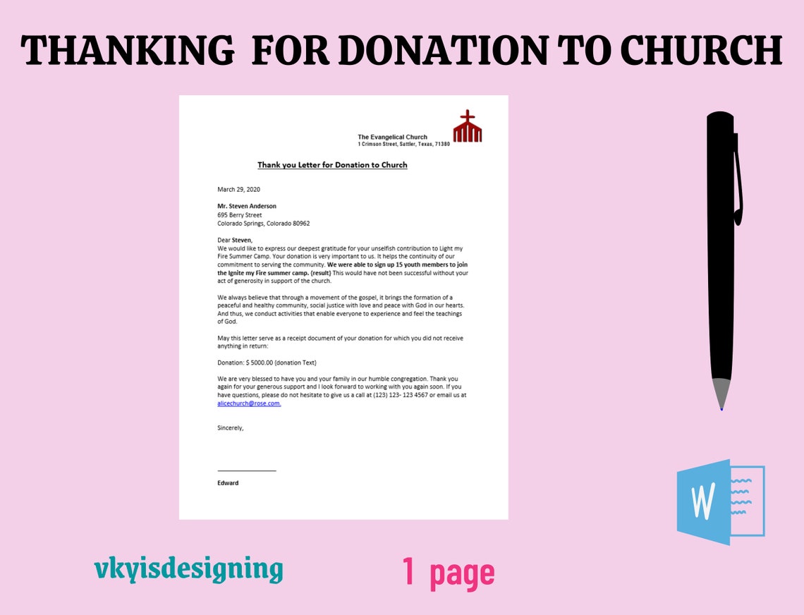 Thank You Letter for Donation to Church, Church Donation, Thanking ...