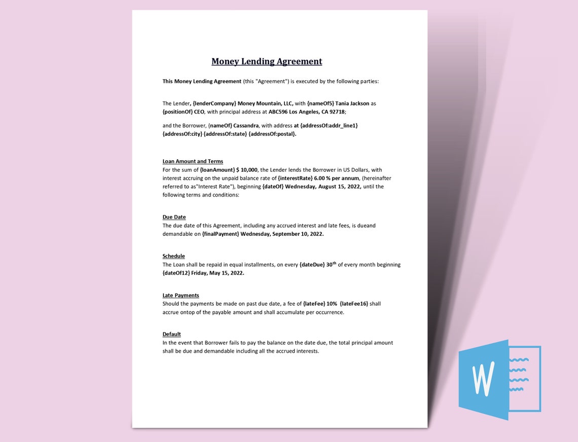 Money Lending Agreement Template: Loan Contract (editable in WORD) - Etsy