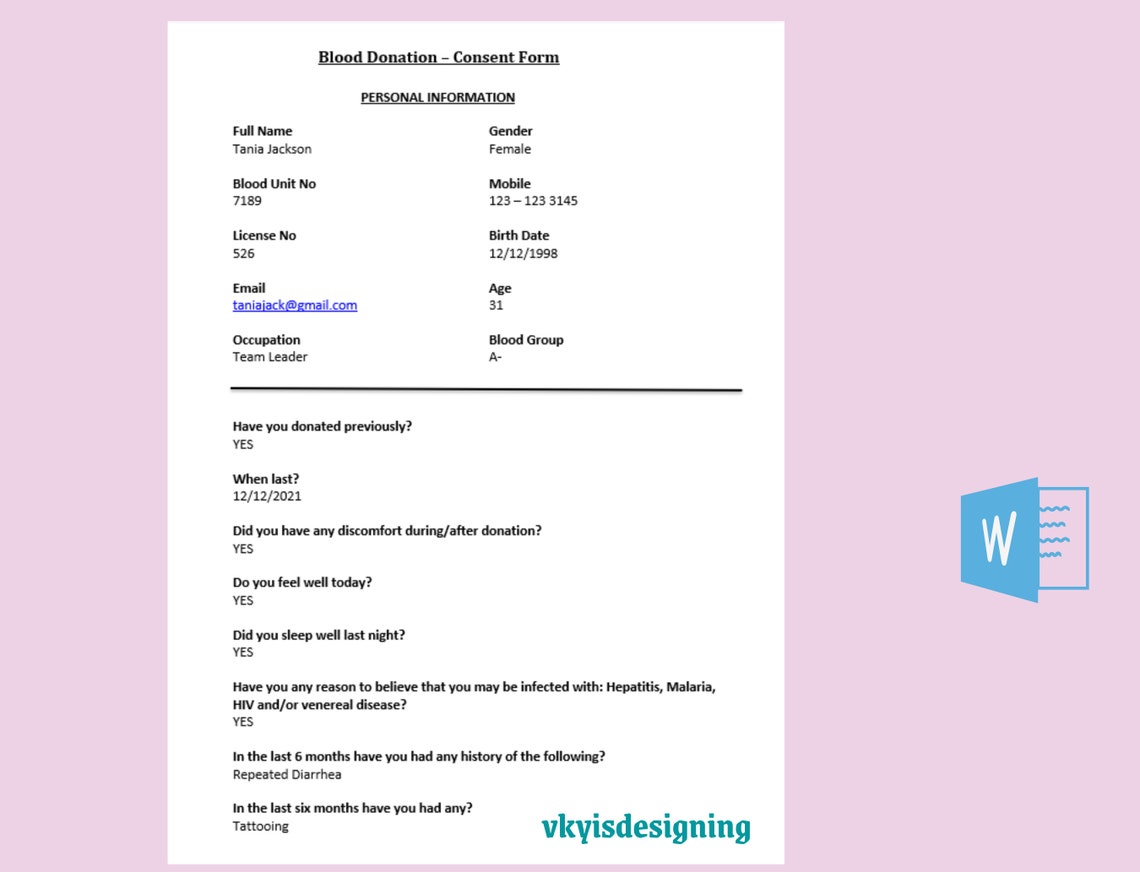 Blood Donation Consent Form * Blood Donor - Medical Consent - Donors ...